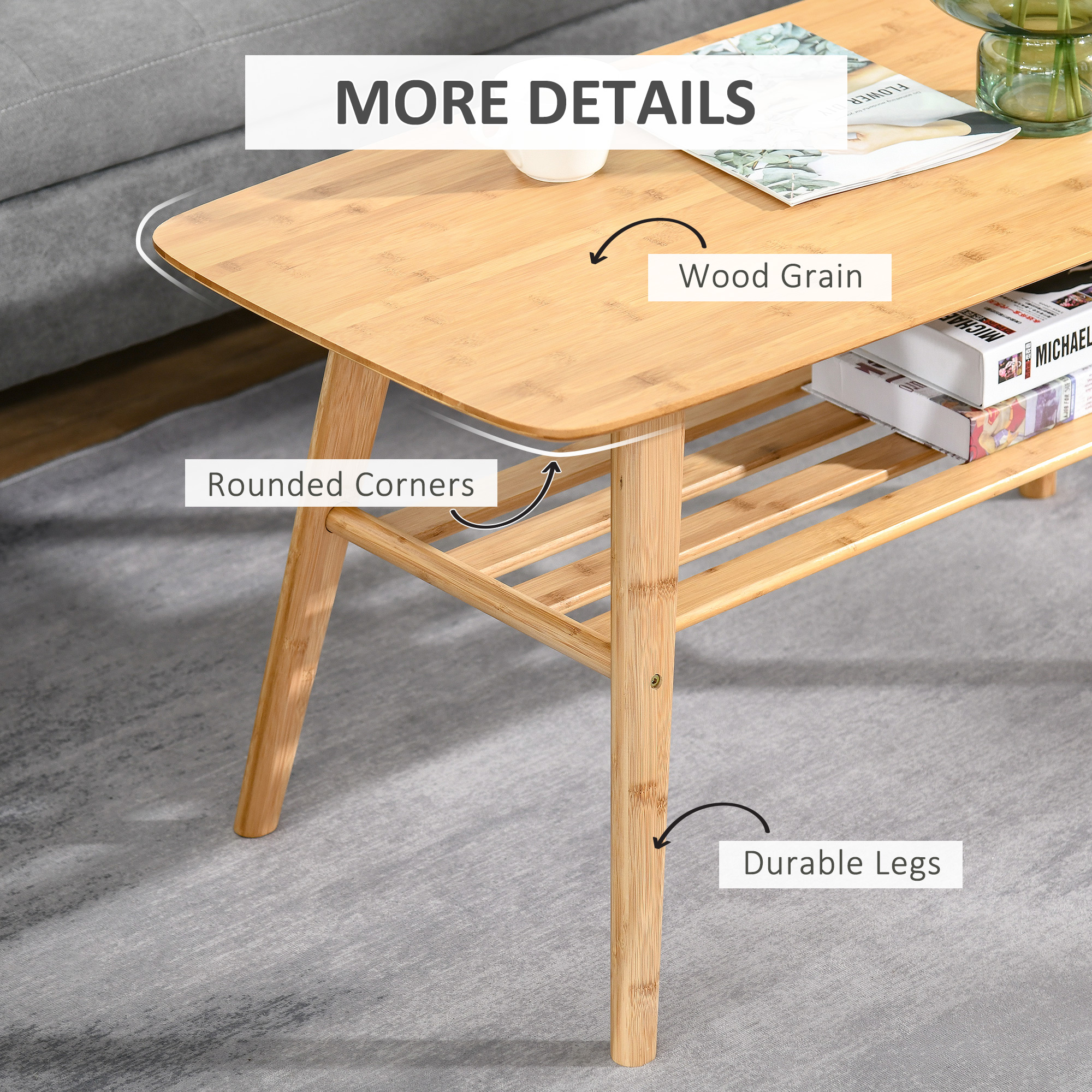 HOMCOM 2 Tier Coffee Table Bamboo Tea Table with Storage Shelf Sleek ...