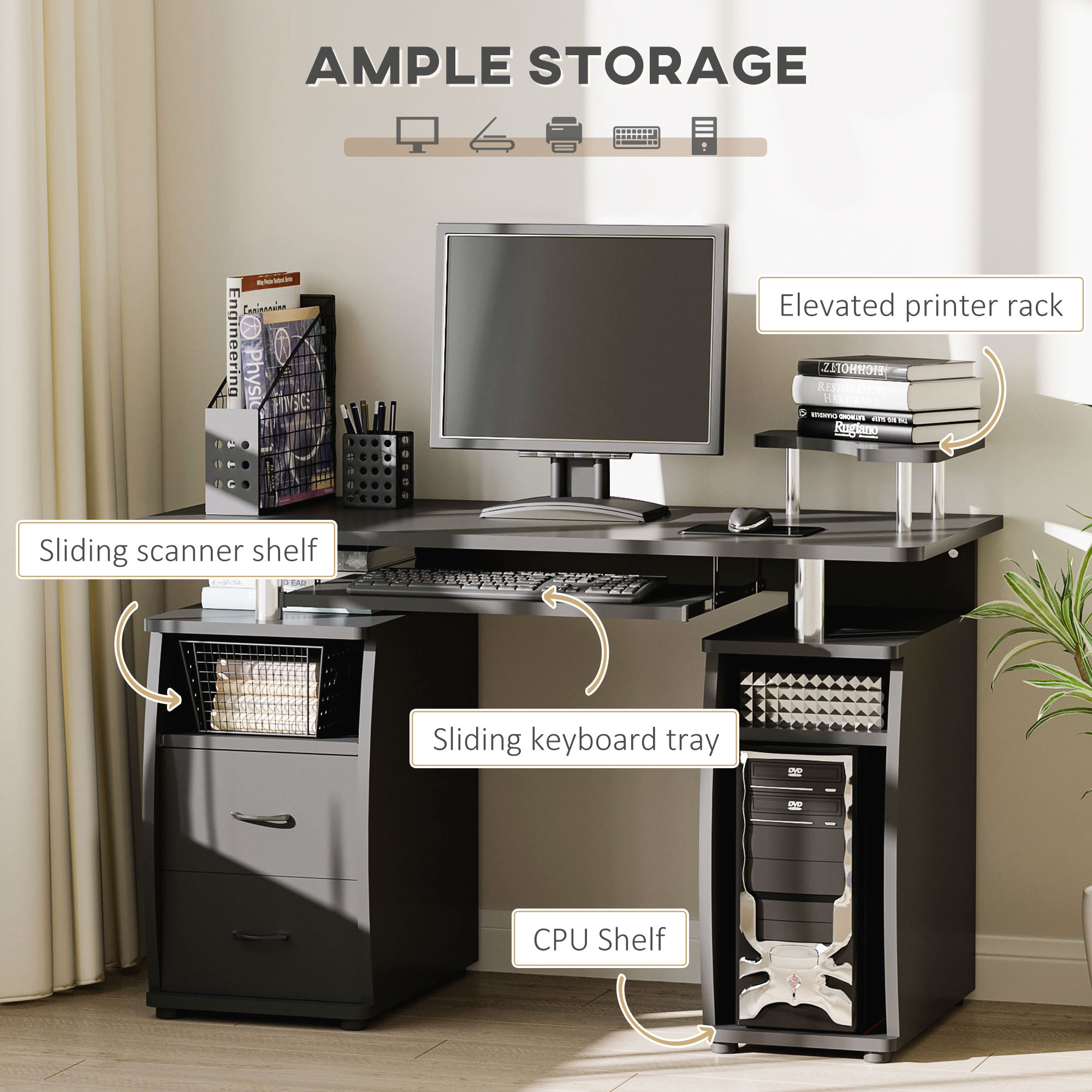 HOMCOM Computer Desk with Keyboard Tray, CPU Stand, Writing Desk with ...