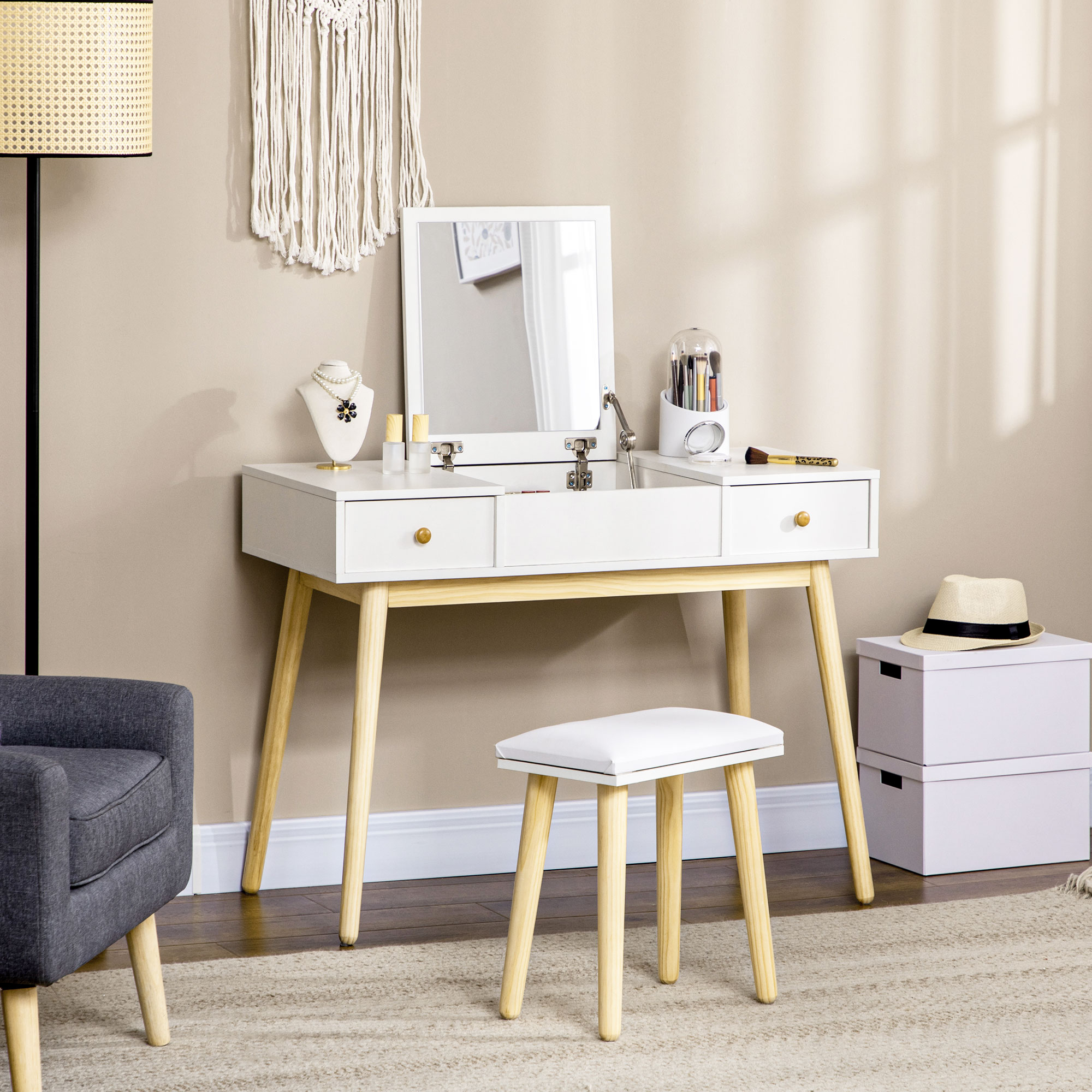 HOMCOM Dressing Table Set with Flip Top Mirror and Cushioned Stool ...