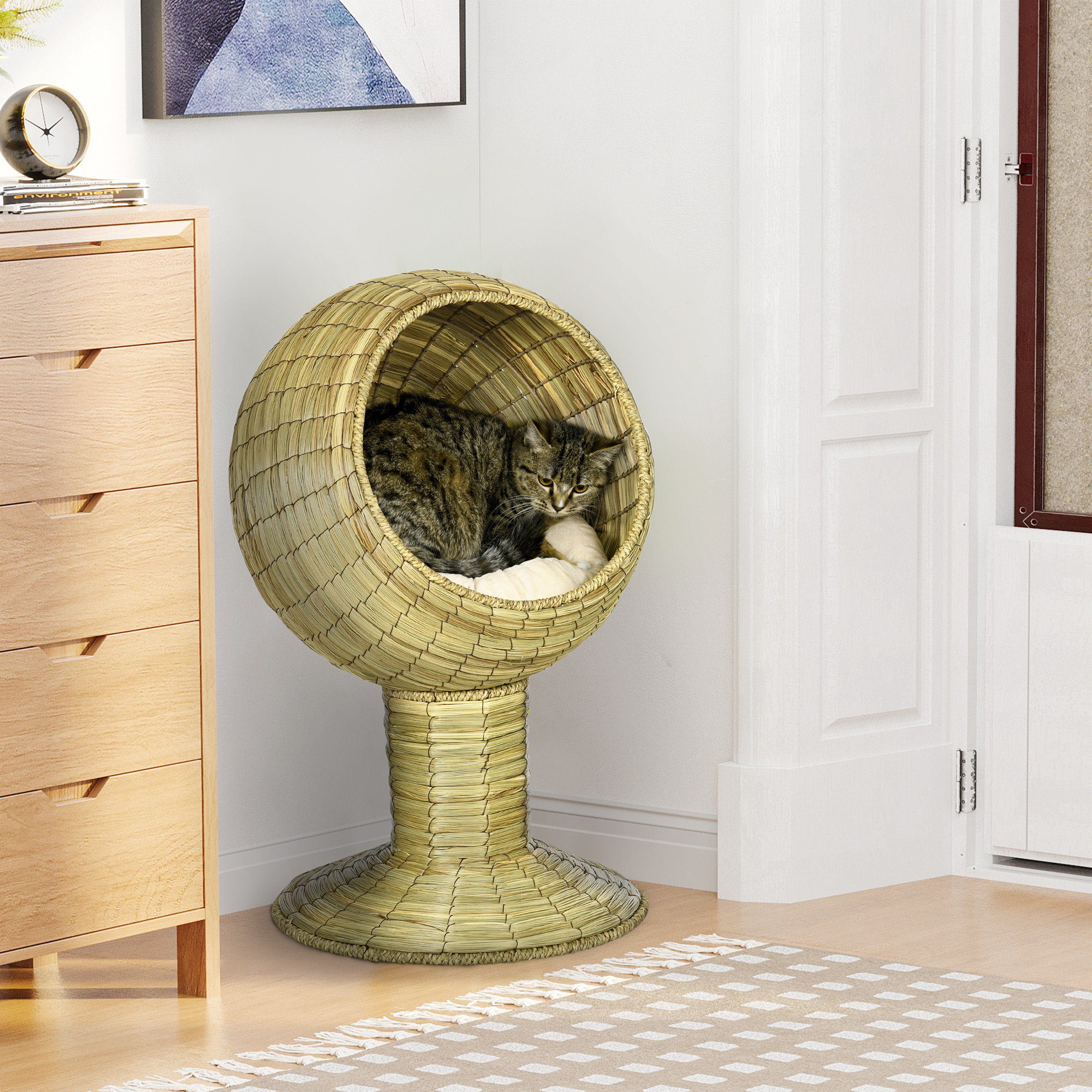 PawHut Elevated Cat Condo Pod Kitten House with Stand Cushion, Round ...
