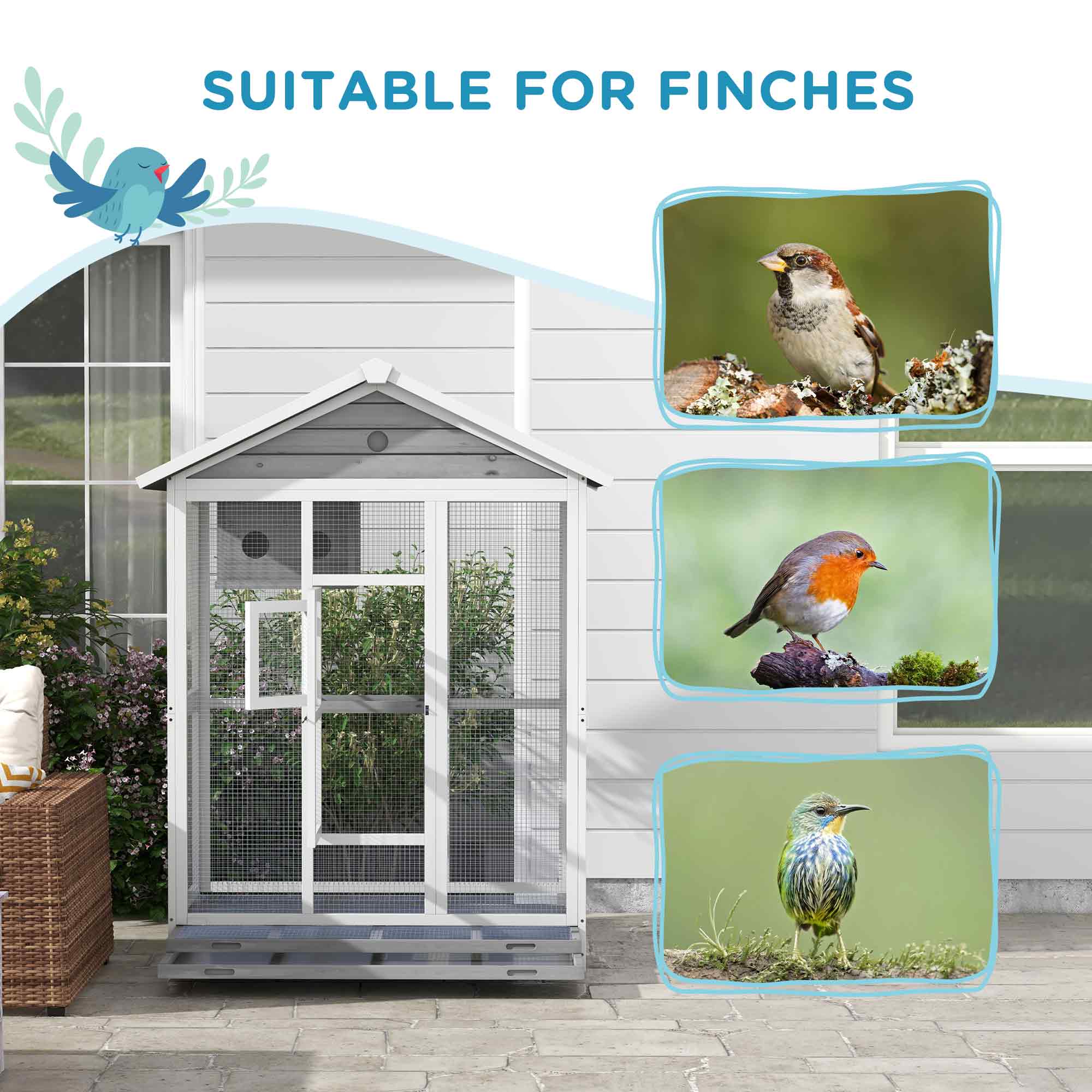 PawHut 65" Bird Cage Large Wooden Aviary for Canary with Standing Pole ...