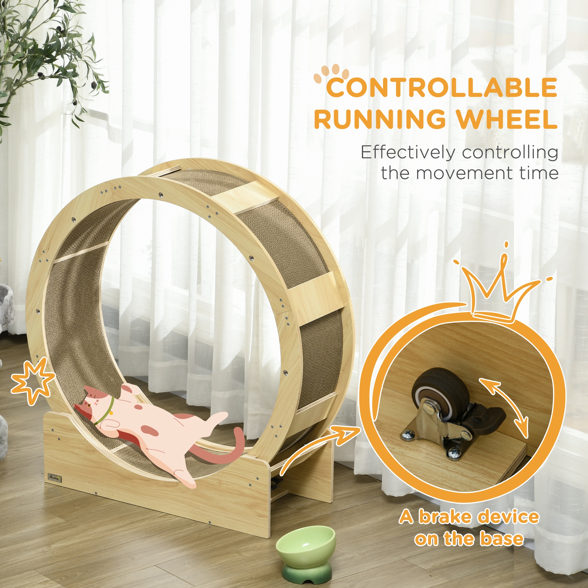 PawHut 36" Cat Wheel for Indoor Cats with Brake, Scratching Pads, Oak ...