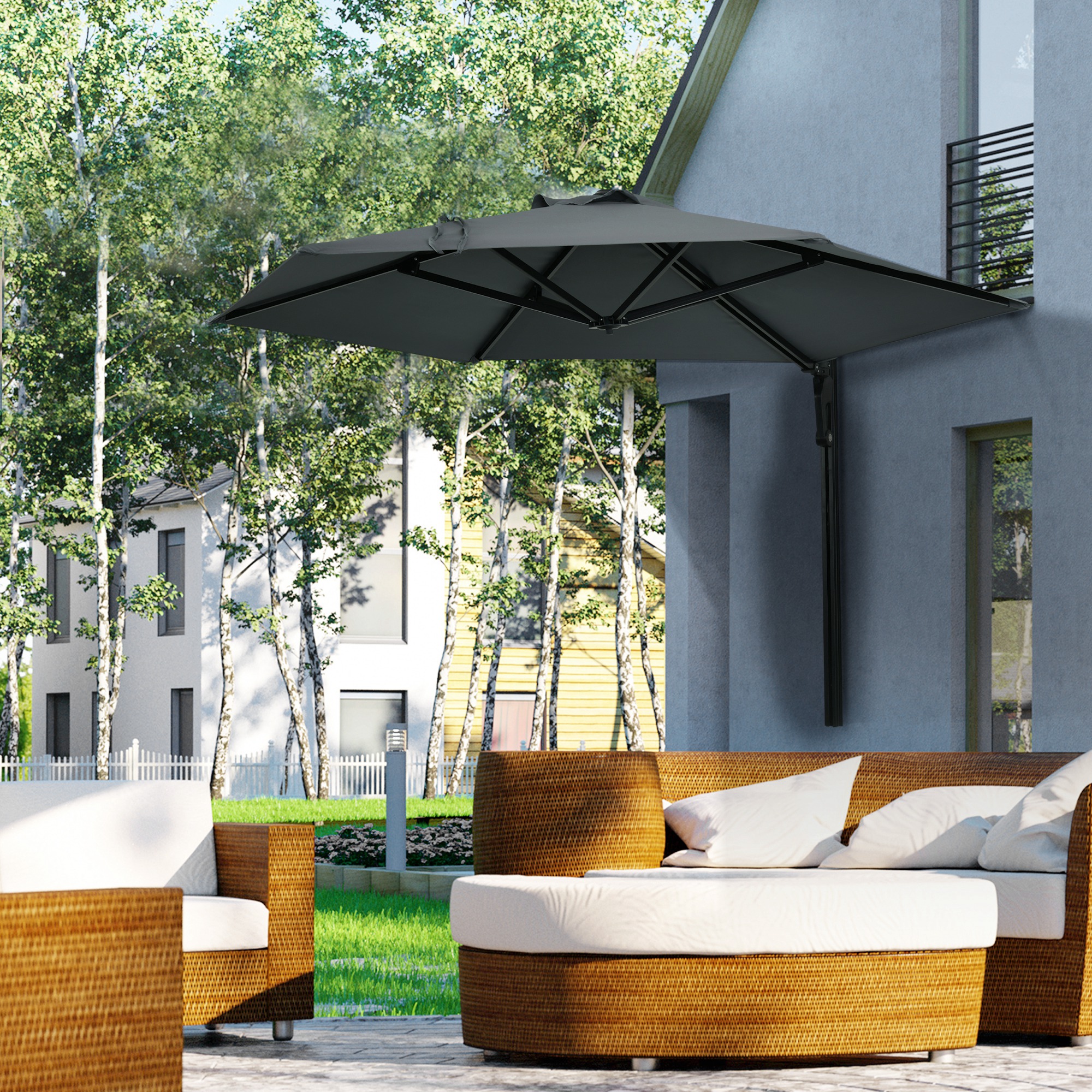 Outsunny 8 ft Wall Mounted Umbrella with 180° Rotatable Canopy, Patio ...