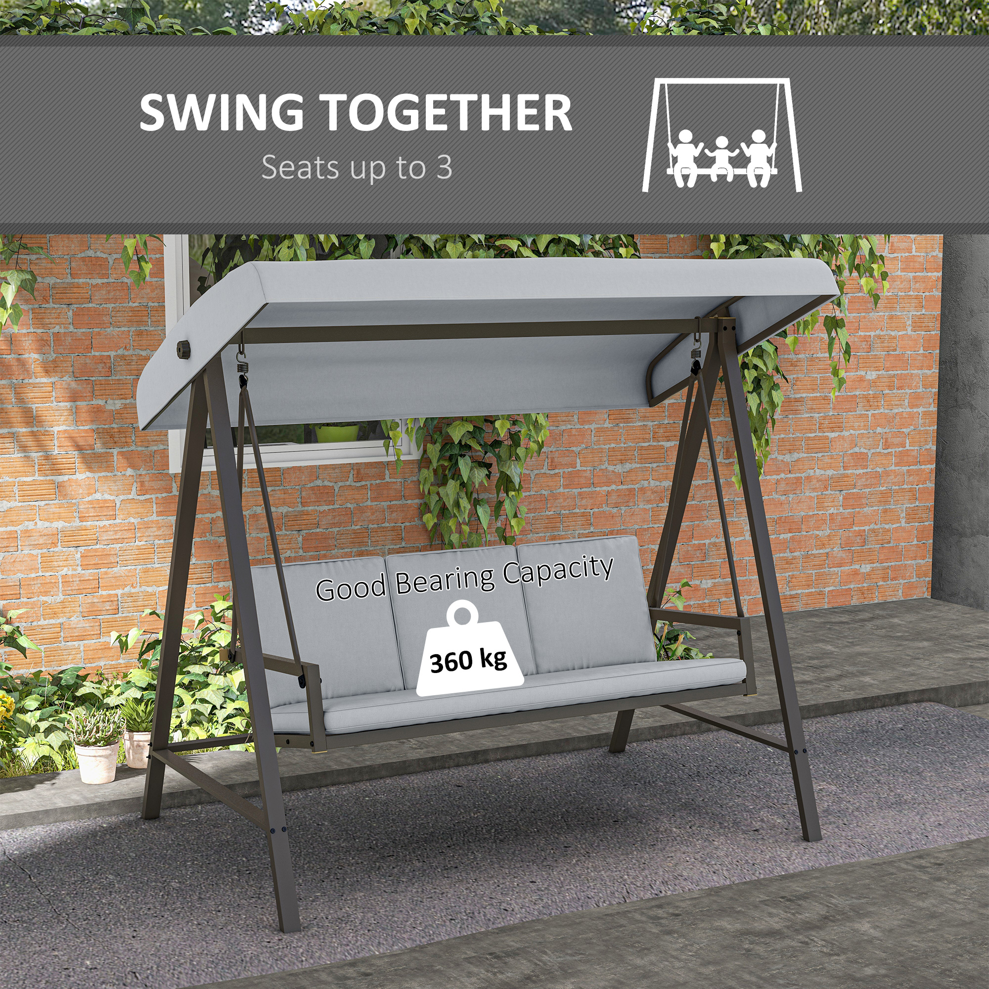 Outsunny 3 Seater Patio Swing Chair, Porch Swing with Adjustable Canopy ...