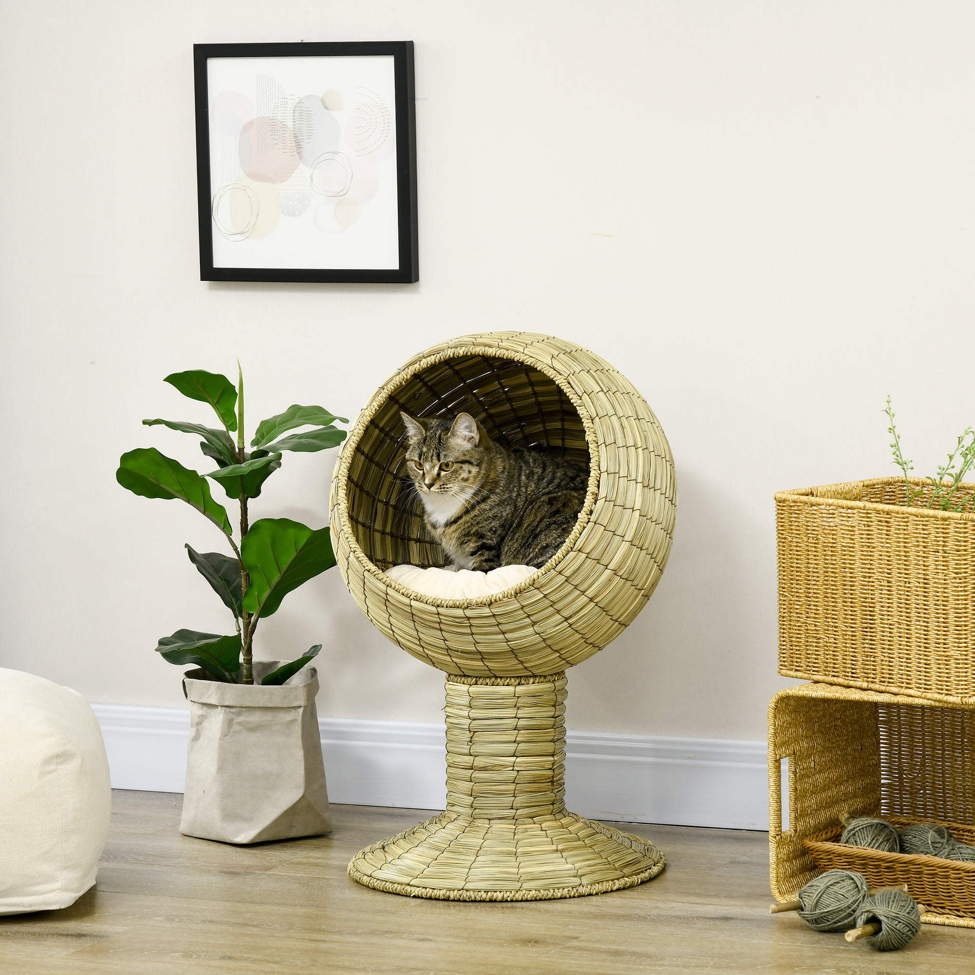 PawHut Elevated Cat Condo Pod Kitten House with Stand Cushion, Round ...