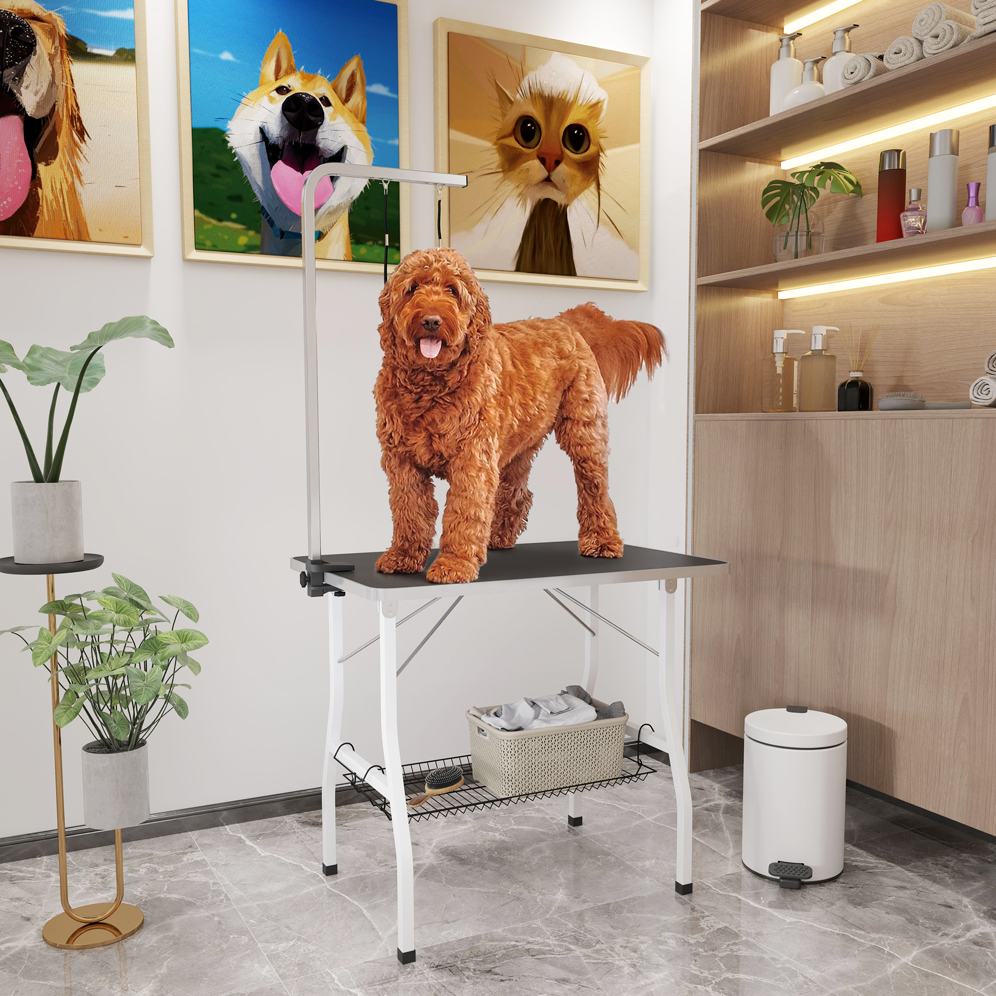PawHut Dog Grooming Table w/ Adjustable Arm, Mesh Tray, Two Nooses ...