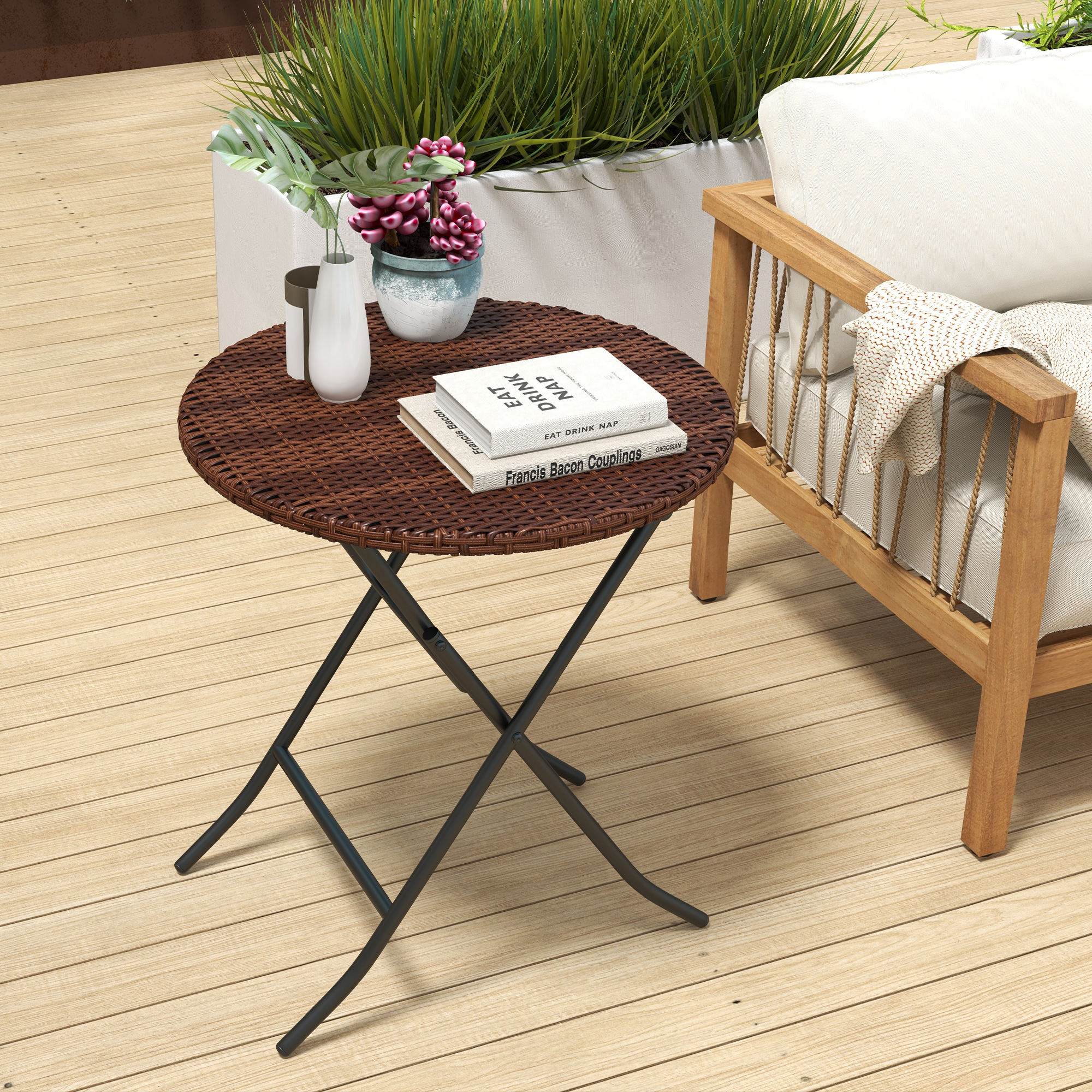 Outsunny Outdoor PE Rattan Foldable End Table, Φ23.6" x 27.6" H, Brown ...