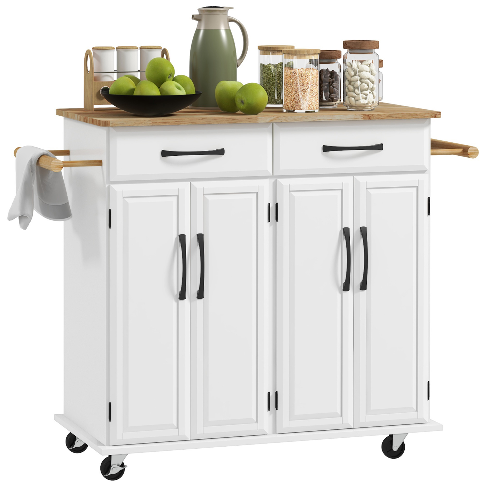HOMCOM Kitchen Island on Wheels with Rubberwood Top, Rolling Kitchen ...