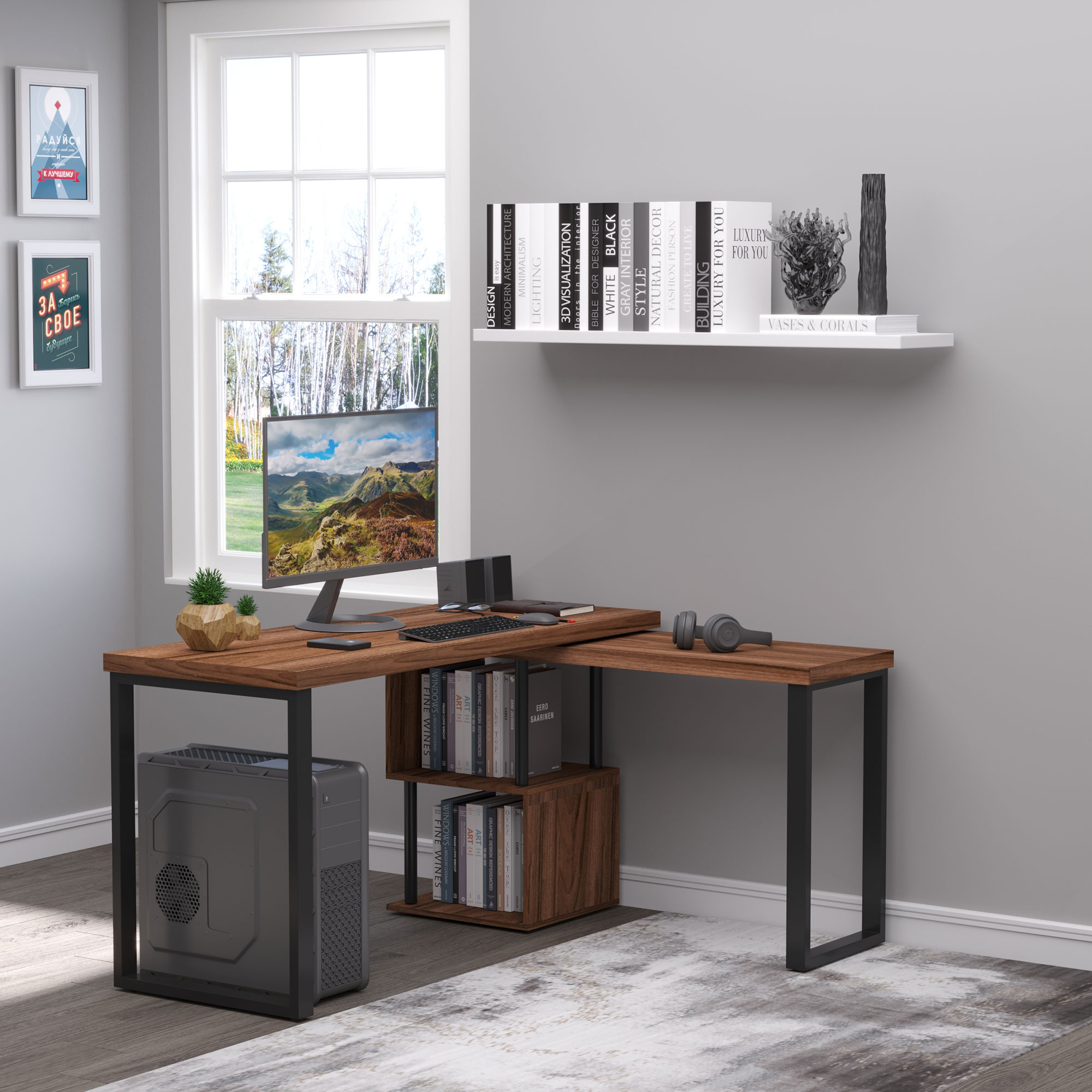 HOMCOM Corner Rotating L-Shaped Office Table Computer Desk with Storage ...