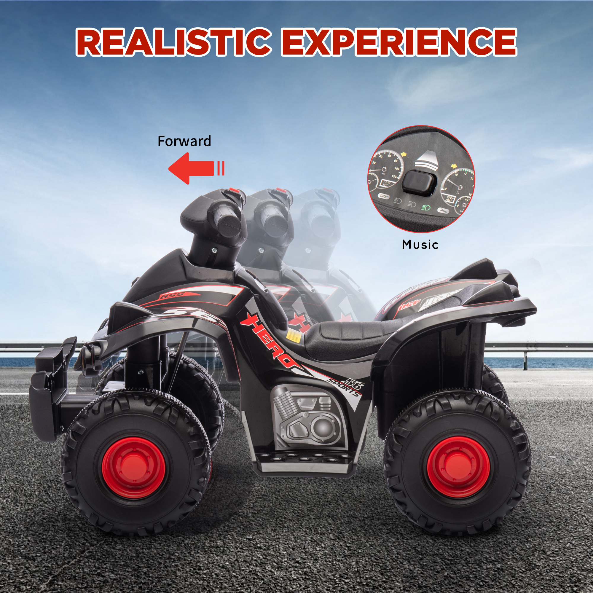 Qaba 6V Kids ATV, 4 Wheeler Quad Car w/ Music for 2-6 Years, Black ...