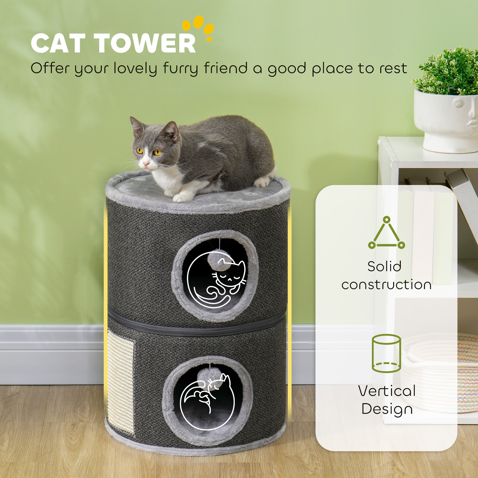 PawHut 3-Story Cat Condo Barrel Tree with Top Perch, 2 Hideaways ...