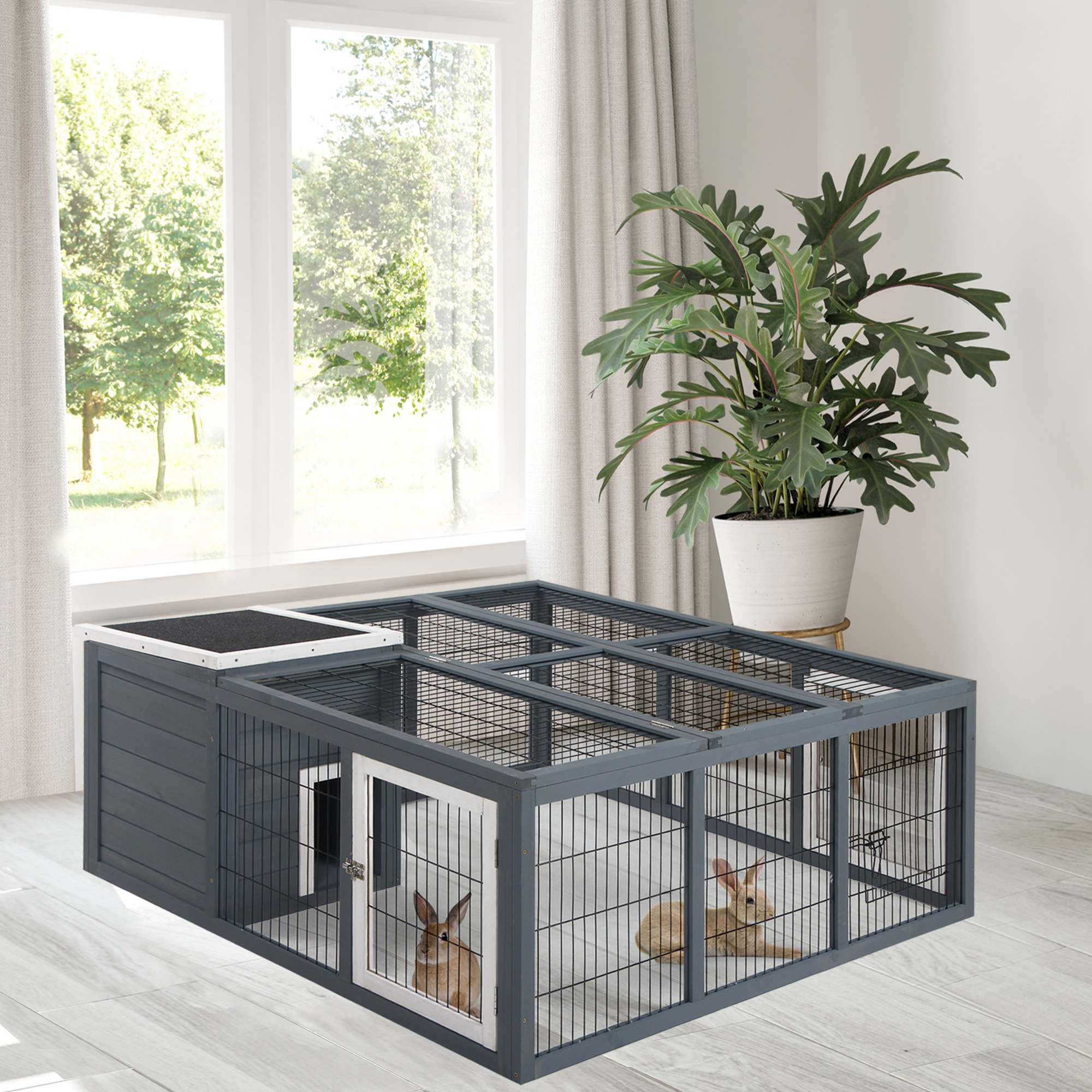 PawHut Rabbit Hutch Bunny Cage with Openable Main House Indoor Outdoor ...