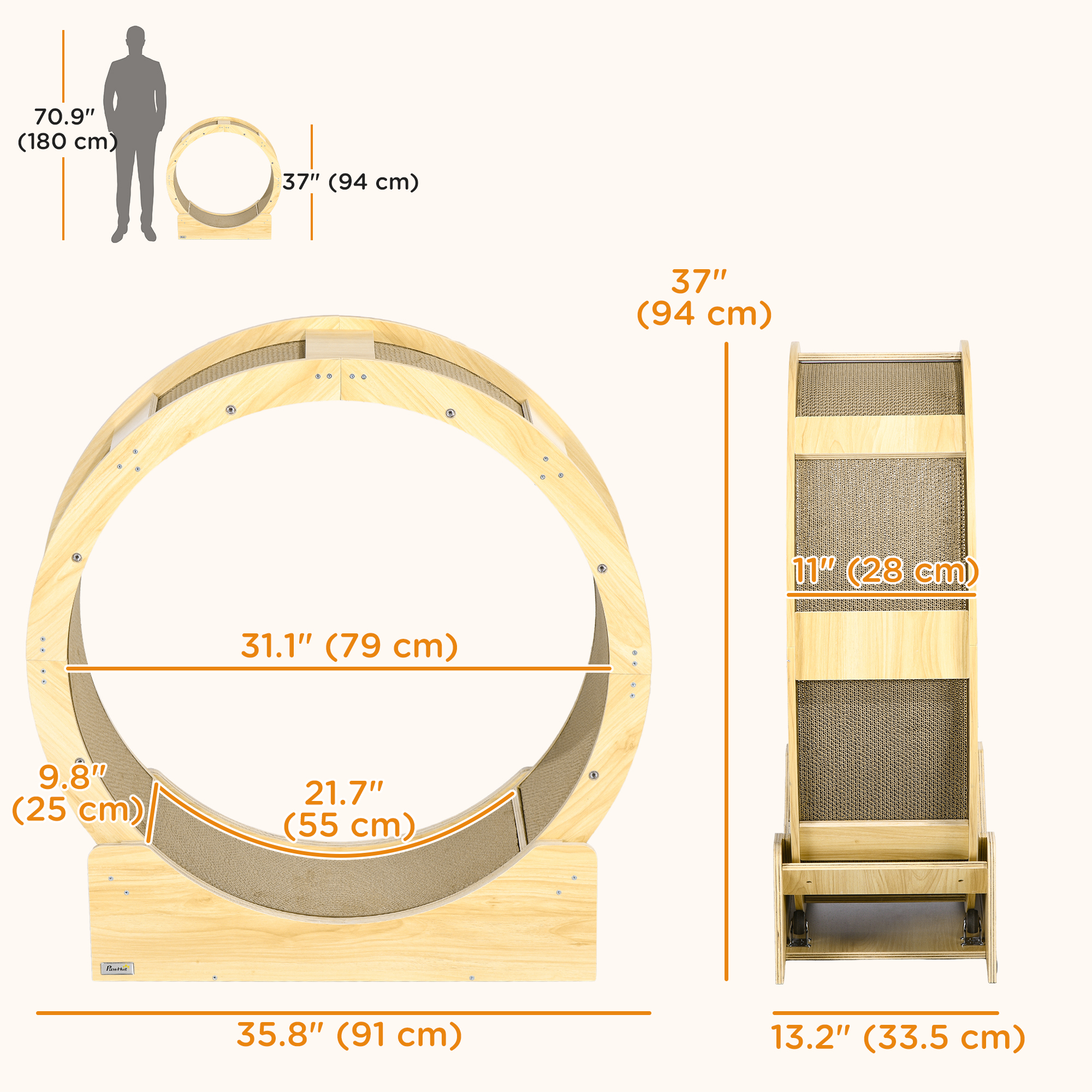 PawHut 36" Cat Wheel for Indoor Cats with Brake, Scratching Pads, Oak ...