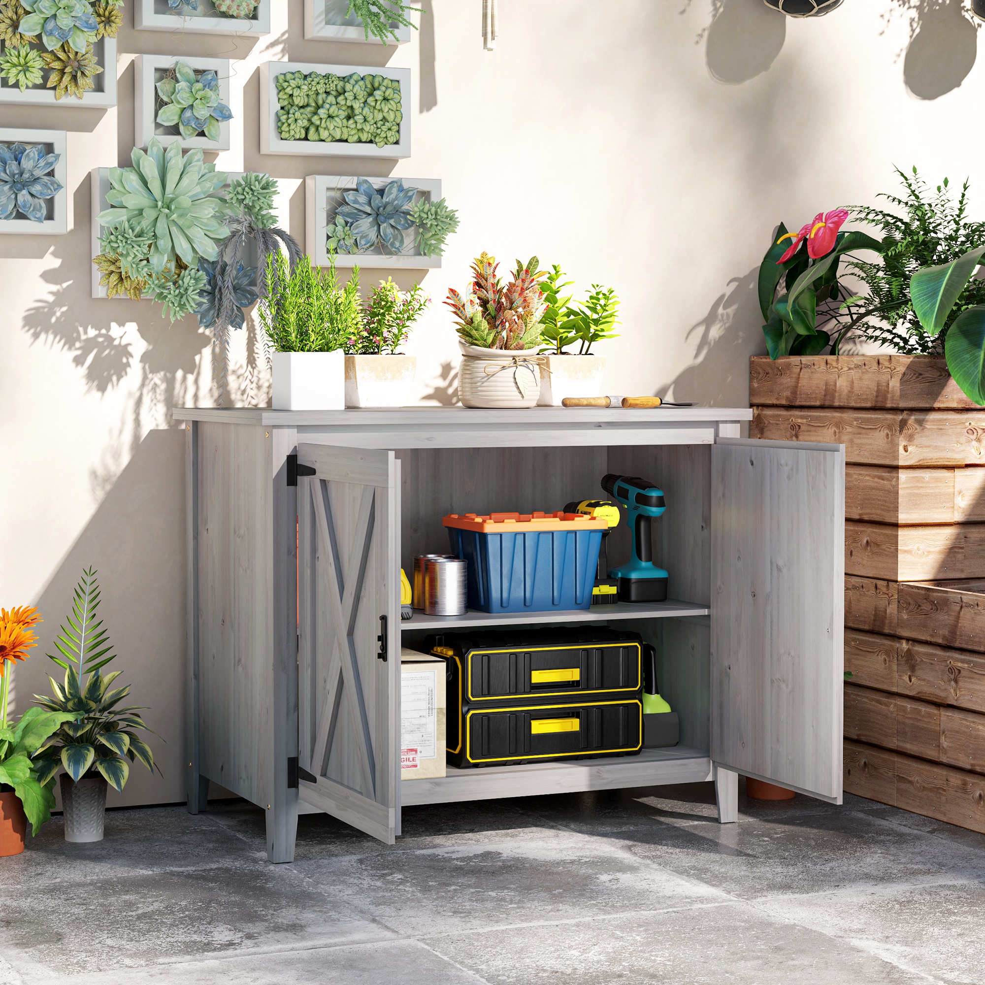Outsunny Wooden Outdoor Storage Cabinet, Garden Shed Potting Shed with ...