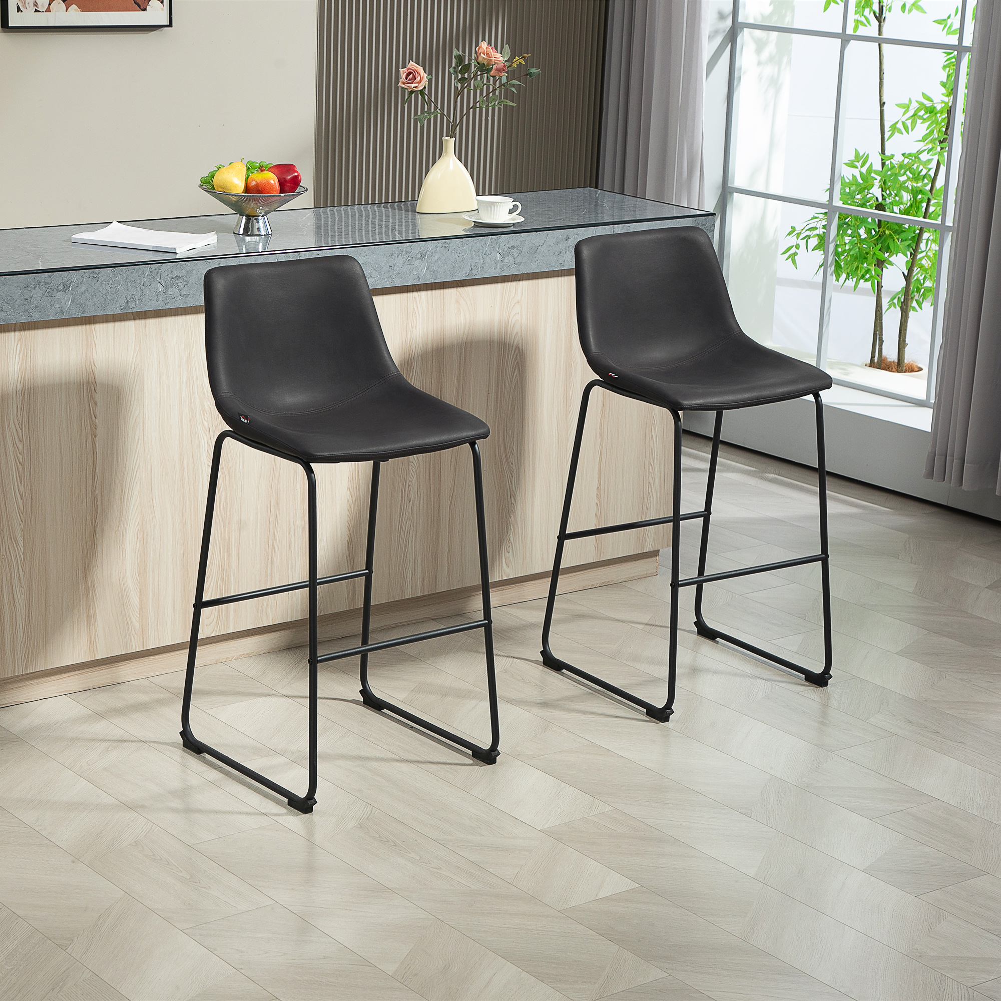 HOMCOM Counter Height Bar Stools Set of 2, Vintage PU Leather Bar ...