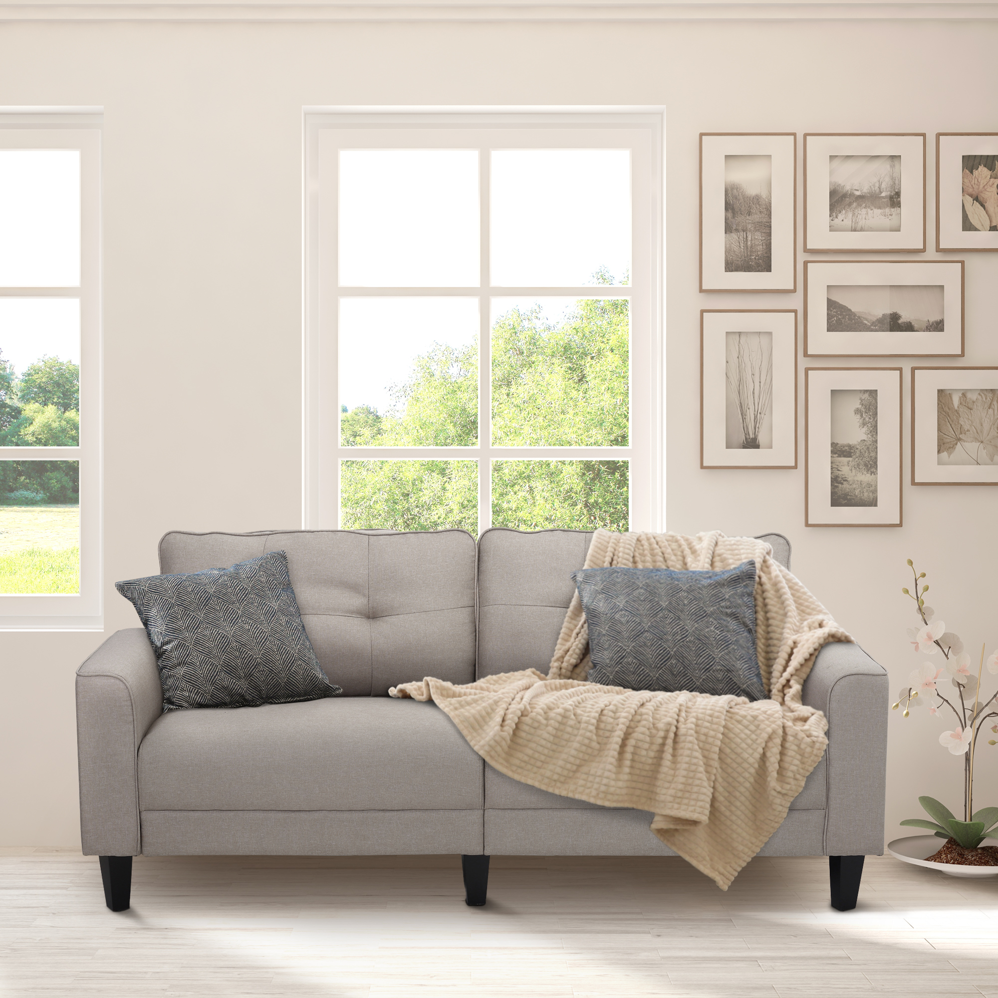 HOMCOM 3-Seater Sofa, Mid-Century Linen Futon Couch with Upholstered ...