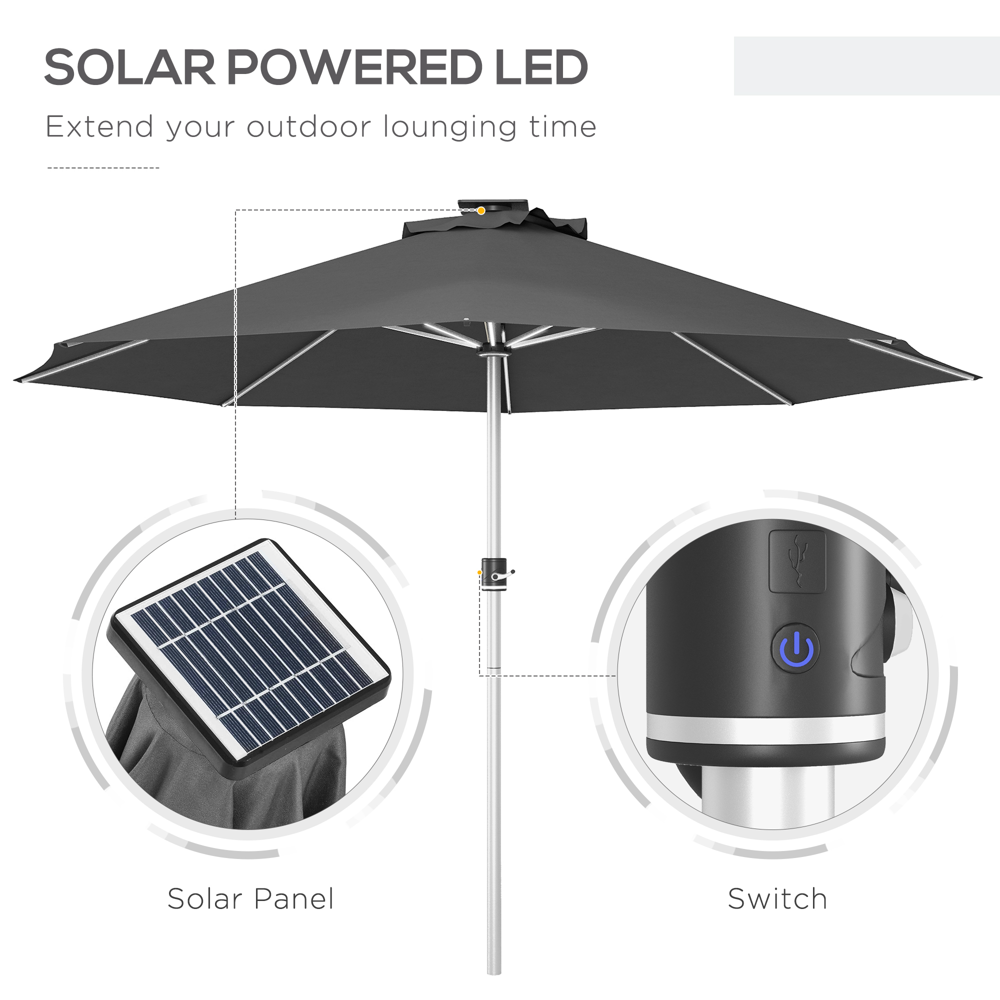 Outsunny LED Patio Umbrella, Lighted Deck Umbrella with 4 Lighting ...