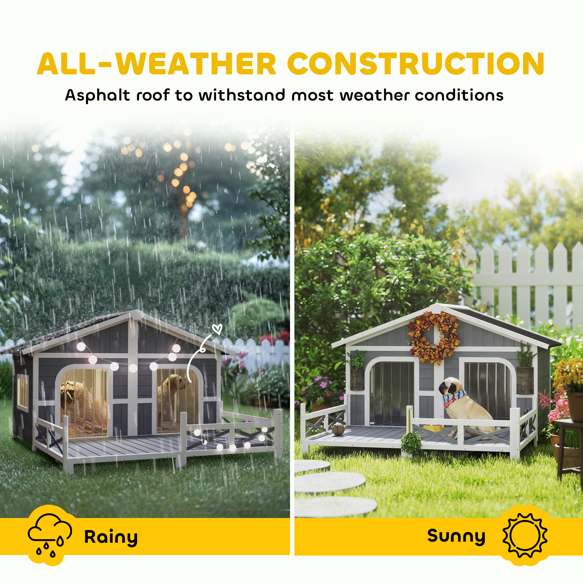 PawHut 59"x64"x39" Large Dog House with porch Deck Outdoor Pet Shelter ...