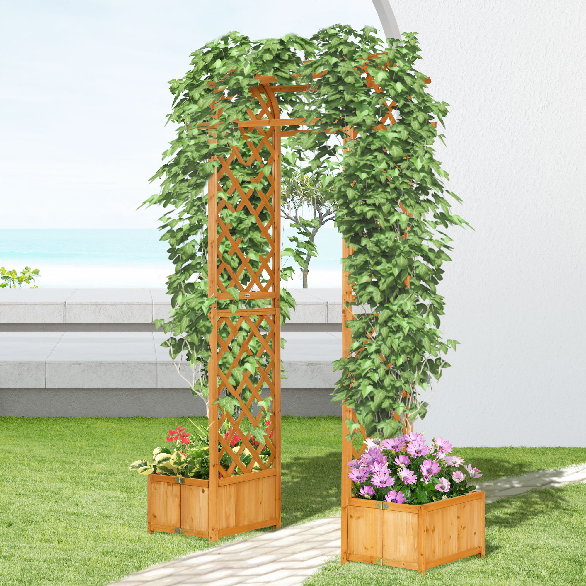 Outsunny 7.7FT Garden Arch with 2 Foldable Planter Boxes, Outdoor ...