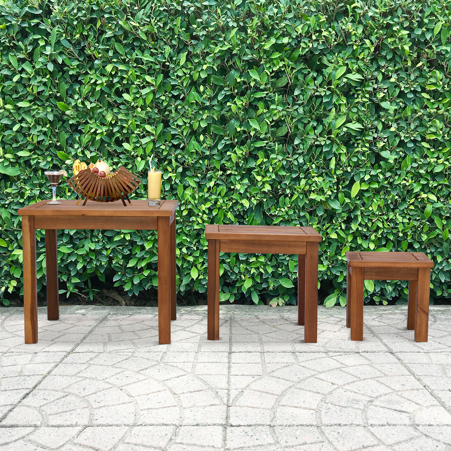 Outsunny 3 Piece Outdoor Side Nesting Table Patio Set with Acacia Wood ...