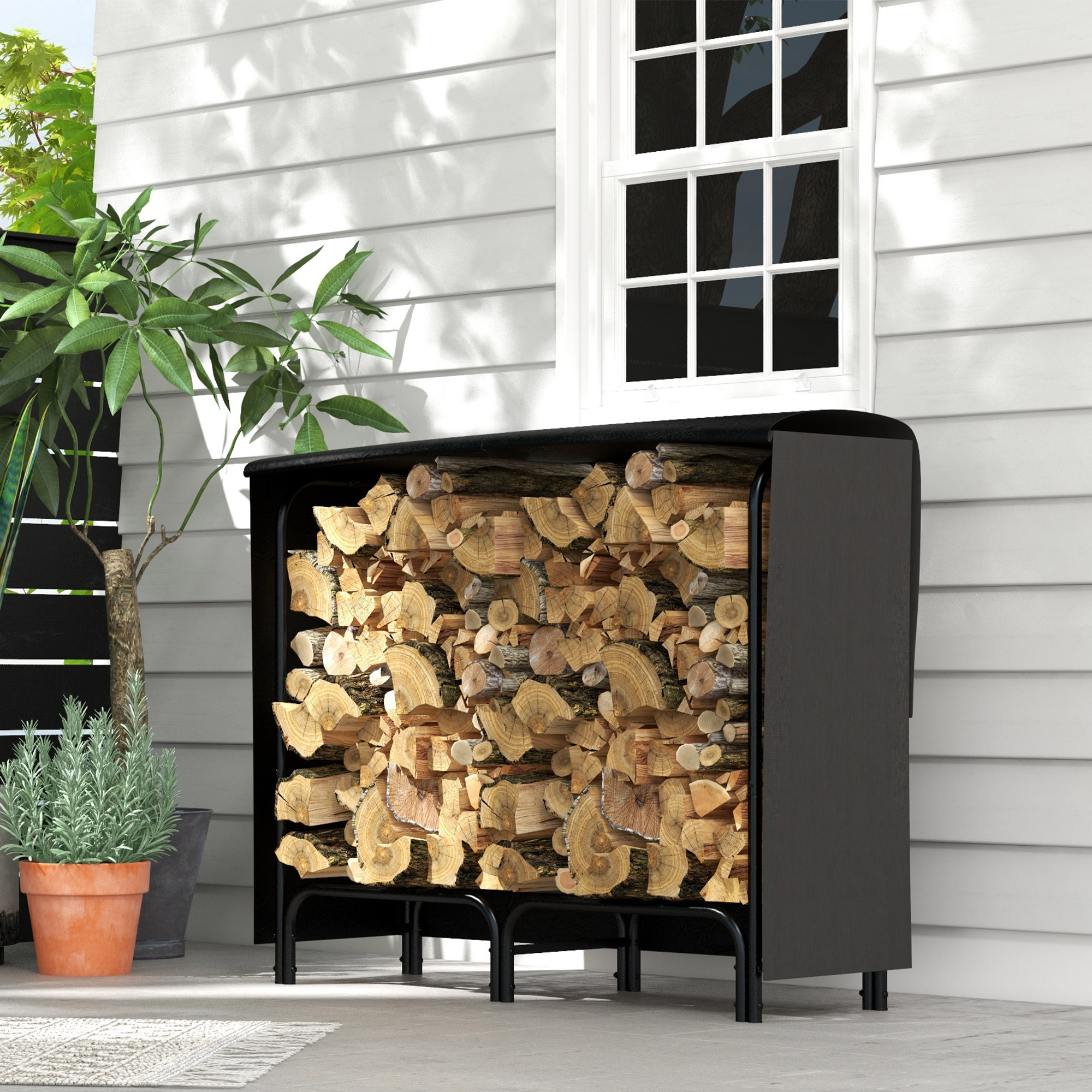 Outsunny 4ft Outdoor Firewood Rack with Cover, Adjustable Wood Storage ...