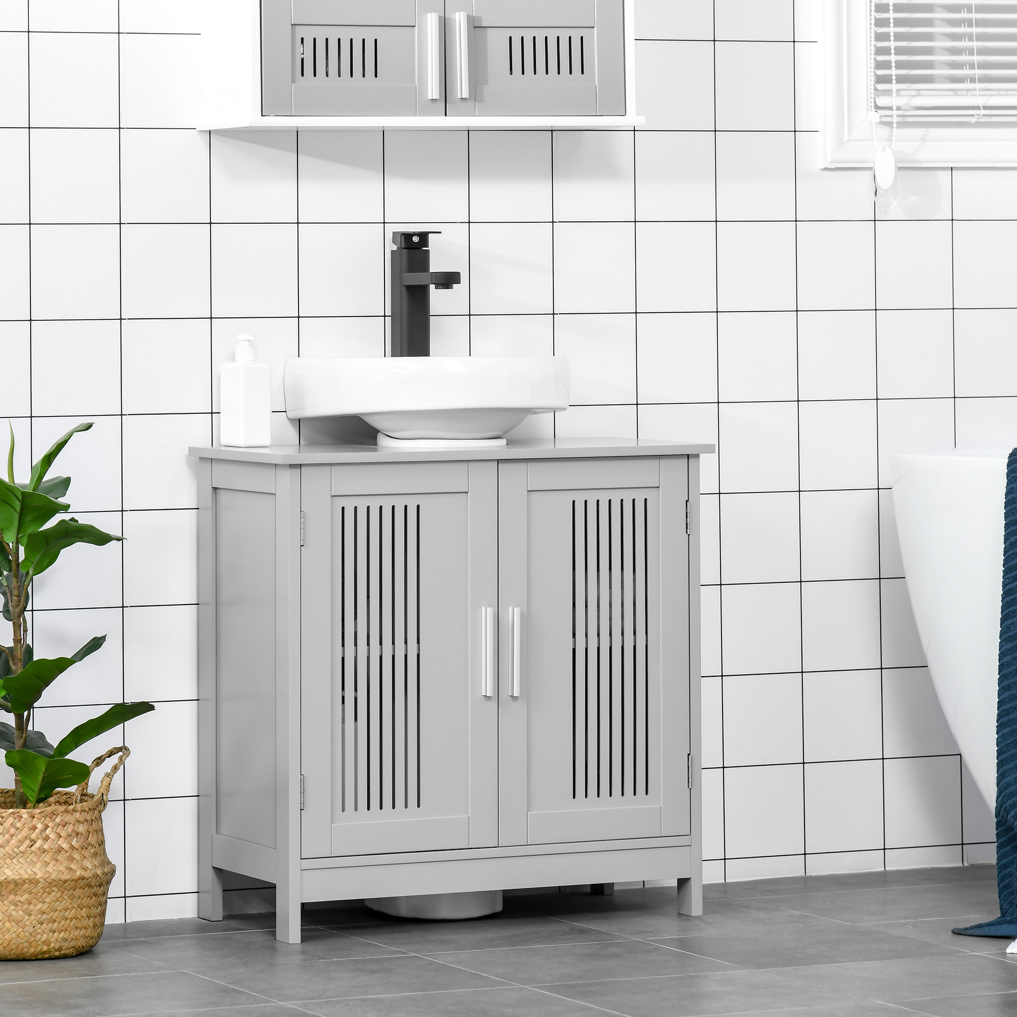 kleankin Modern Under Sink Cabinet with 2 Doors Bathroom Vanity Unit Pedestal Under Sink Design Storage Cupboard with Adjustable Shelves Grey Shelf Aosom