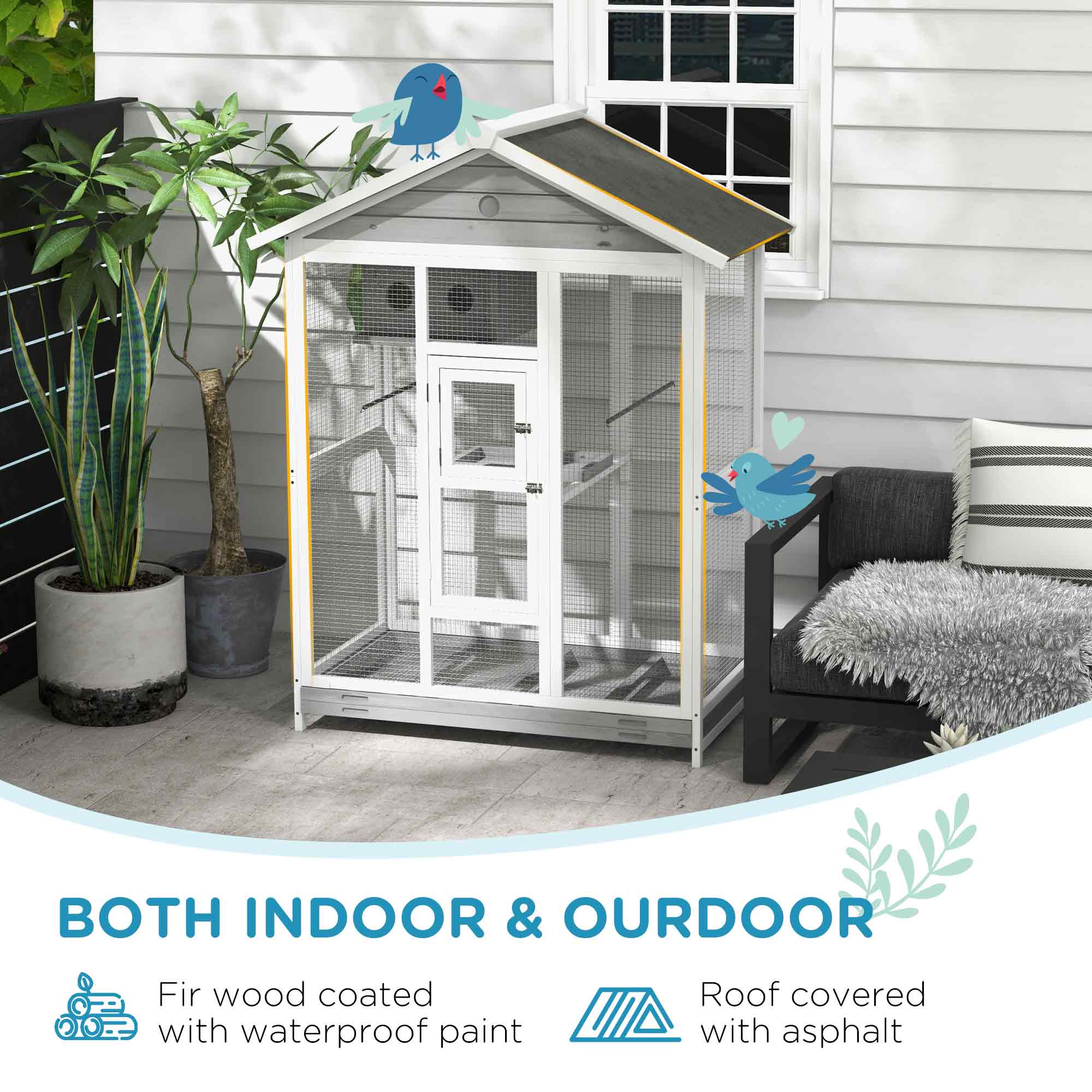 PawHut 65" Bird Cage Large Wooden Aviary for Canary with Standing Pole ...