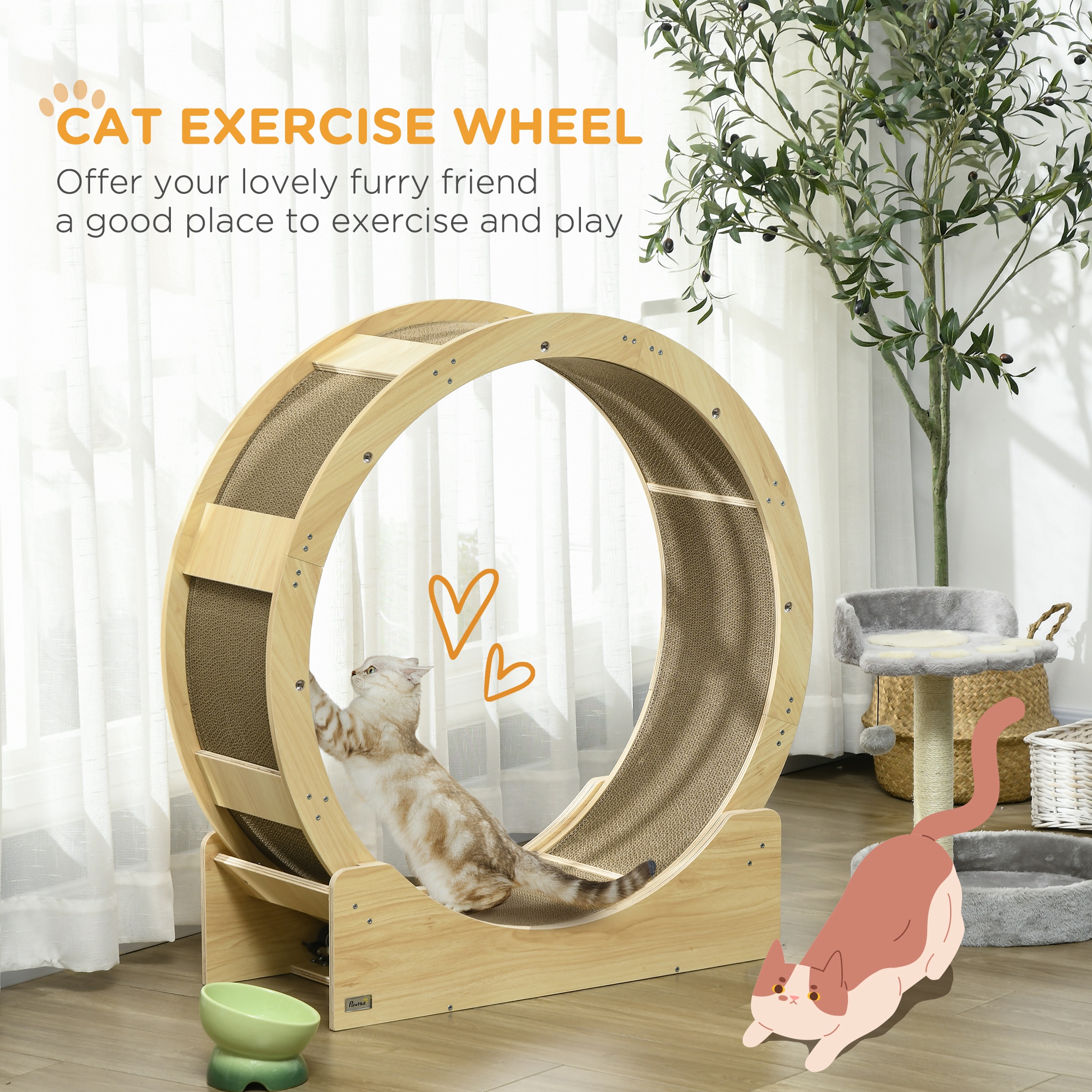 PawHut 36" Cat Wheel for Indoor Cats with Brake, Scratching Pads, Oak ...