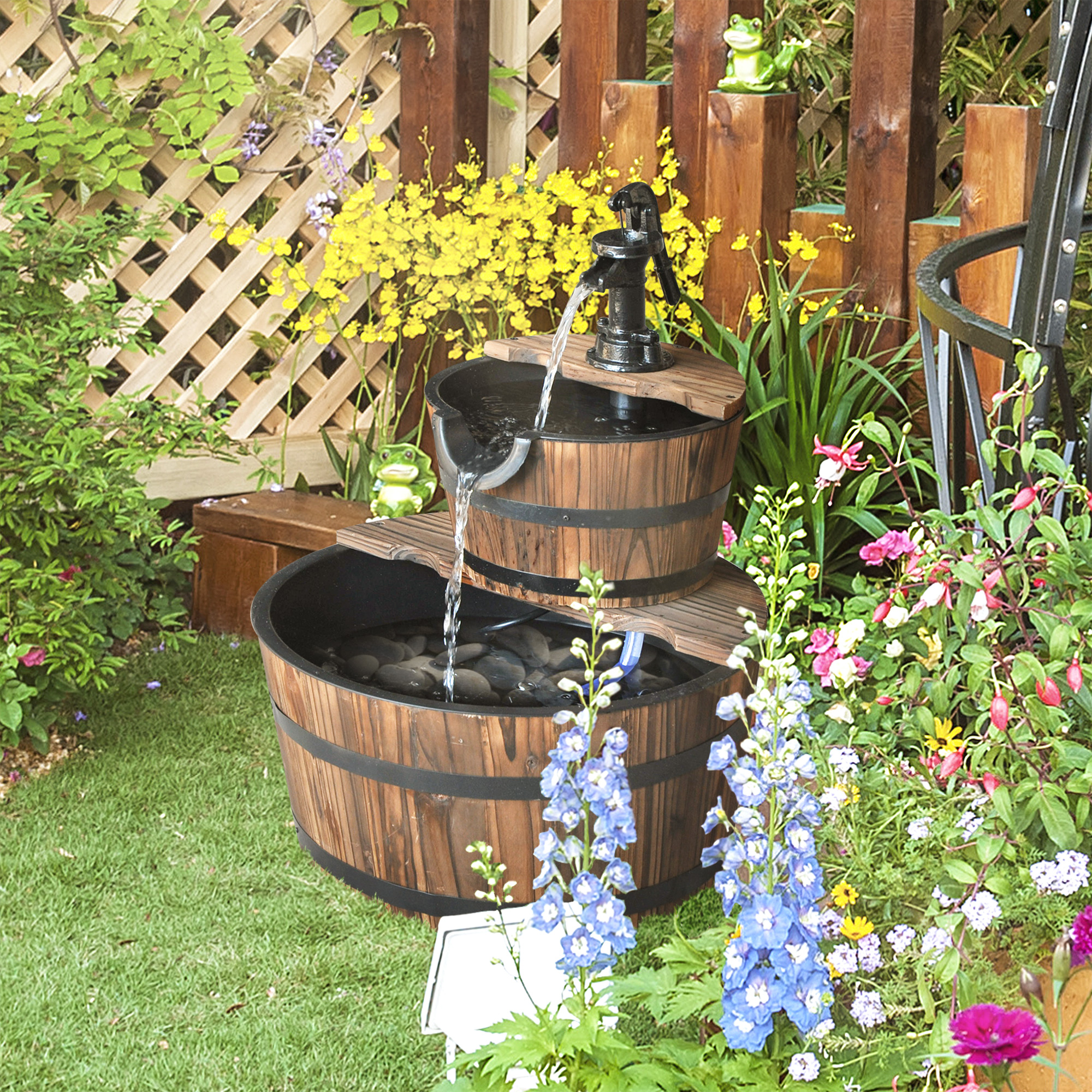Outsunny 2-Tier Wooden Barrel Water Fountain with Electric Pump ...