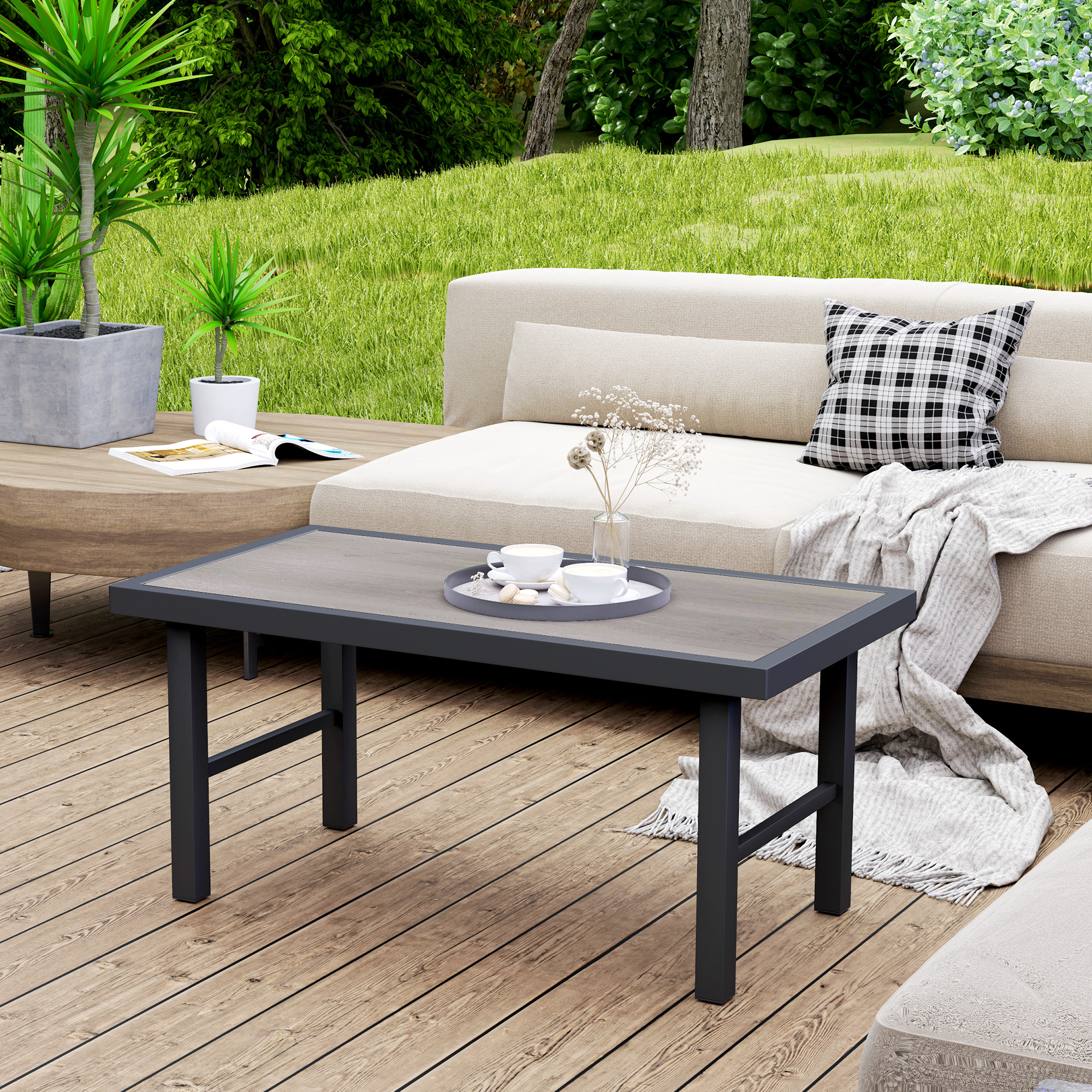Outsunny Outdoor Side Table with SPC Woodgrain Tabletop, Metal Patio ...
