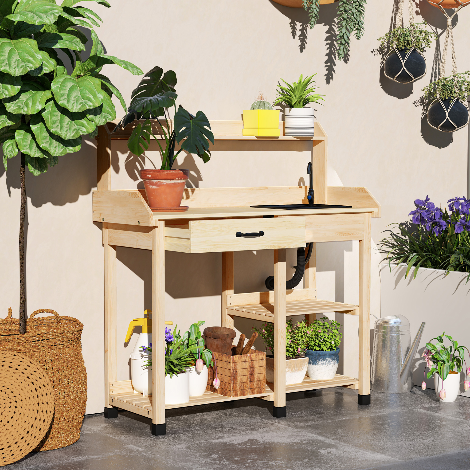 Outsunny Potting Bench Table, Outdoor Garden Table Wooden Work Station ...