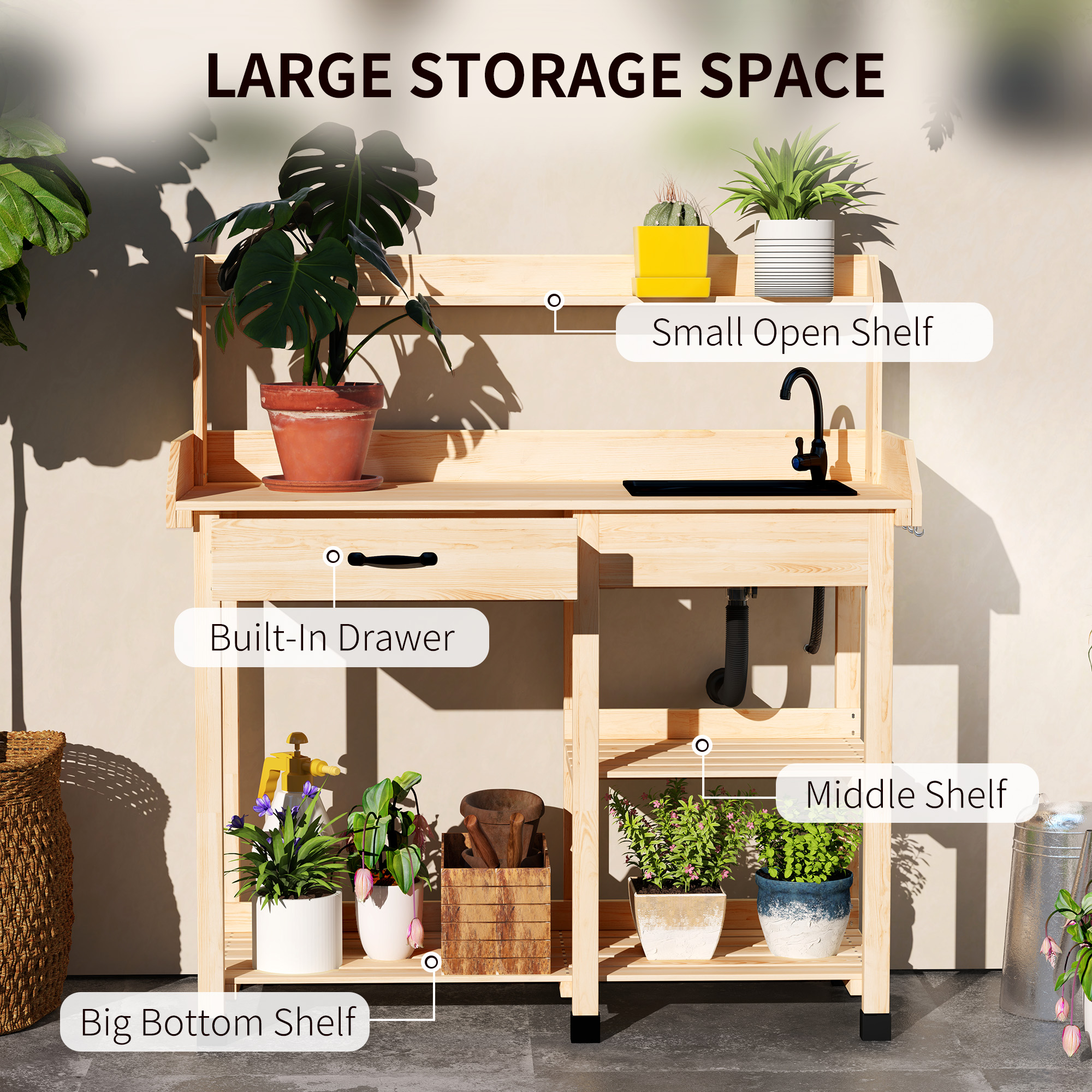 Outsunny Potting Bench Table, Outdoor Garden Table Wooden Work Station ...
