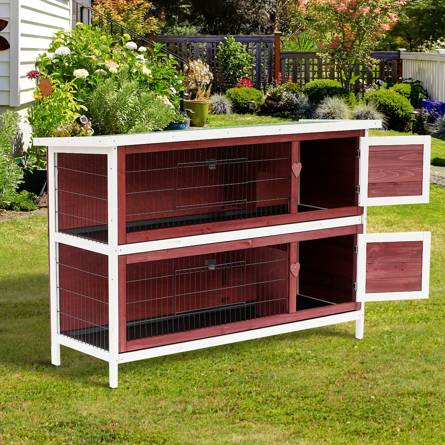 Pawhut Outdoor Rabbit Hutch 54" Dual Wooden Rabbit Playpen Enclosed Run ...