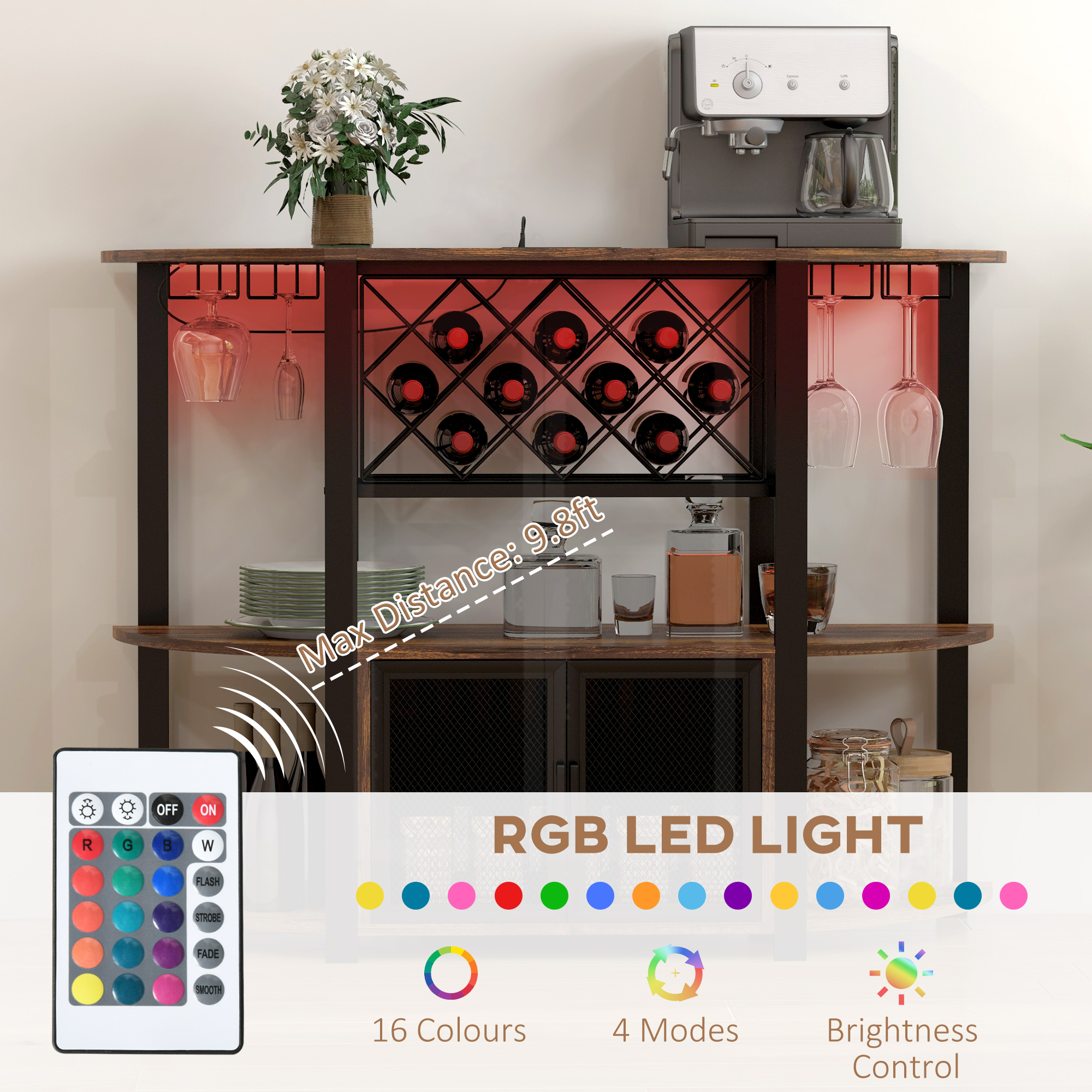 HOMCOM Wine Bar Cabinet with Charging Station, LED Lighted Liquor ...