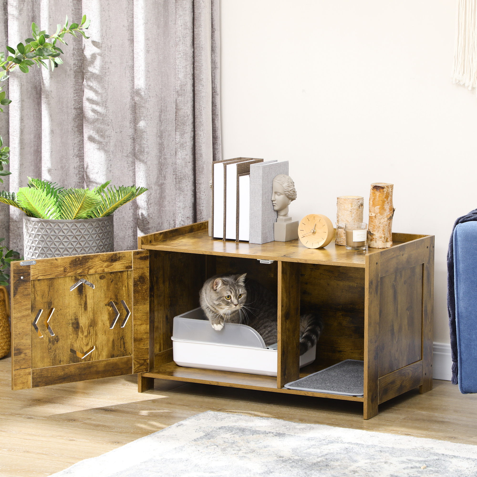 PawHut Cat Litter Box Furniture Hidden, Cat Washroom Storage Bench Odor ...