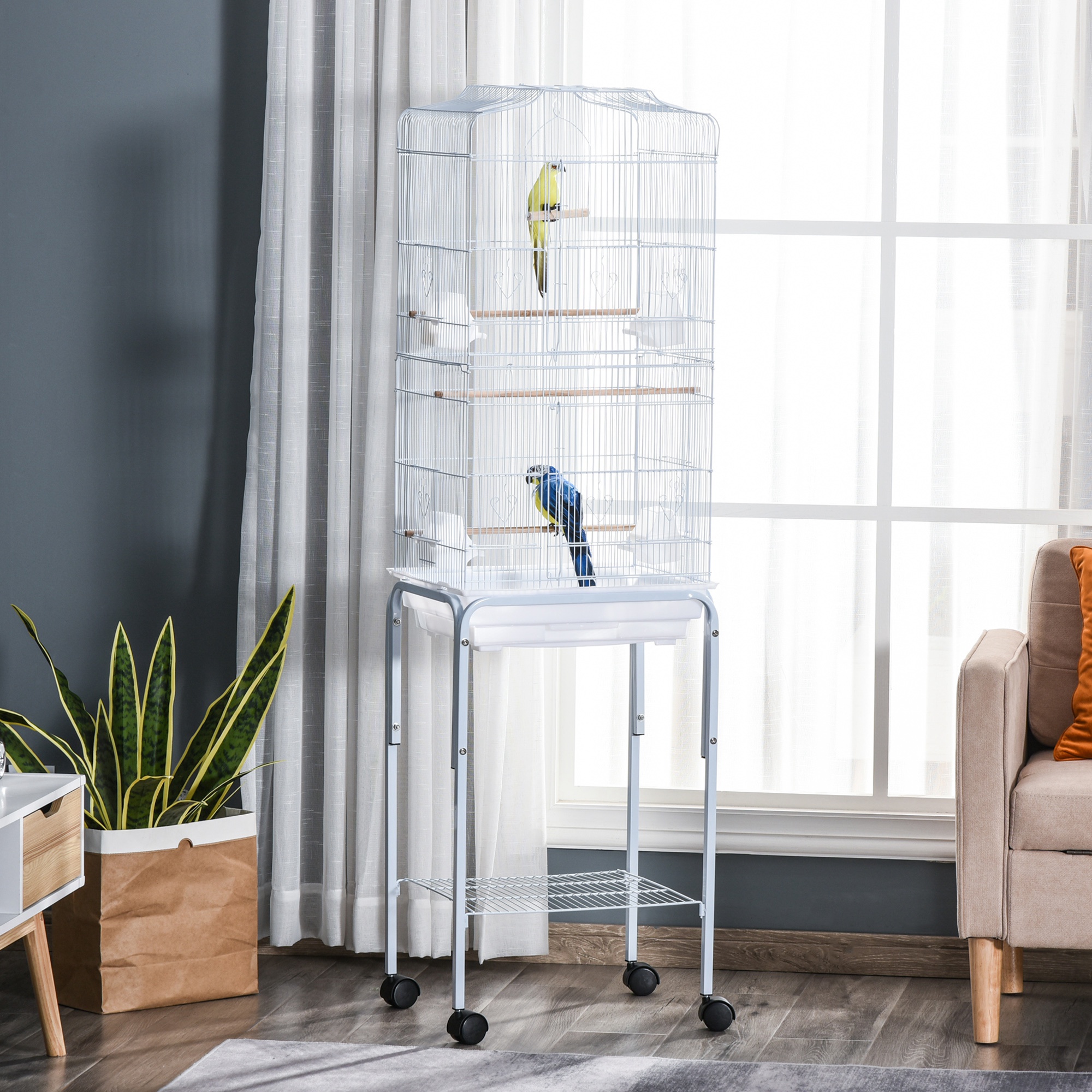 PawHut Large Bird Cage with Shelf, Handle for Taking Up or Down Stairs ...