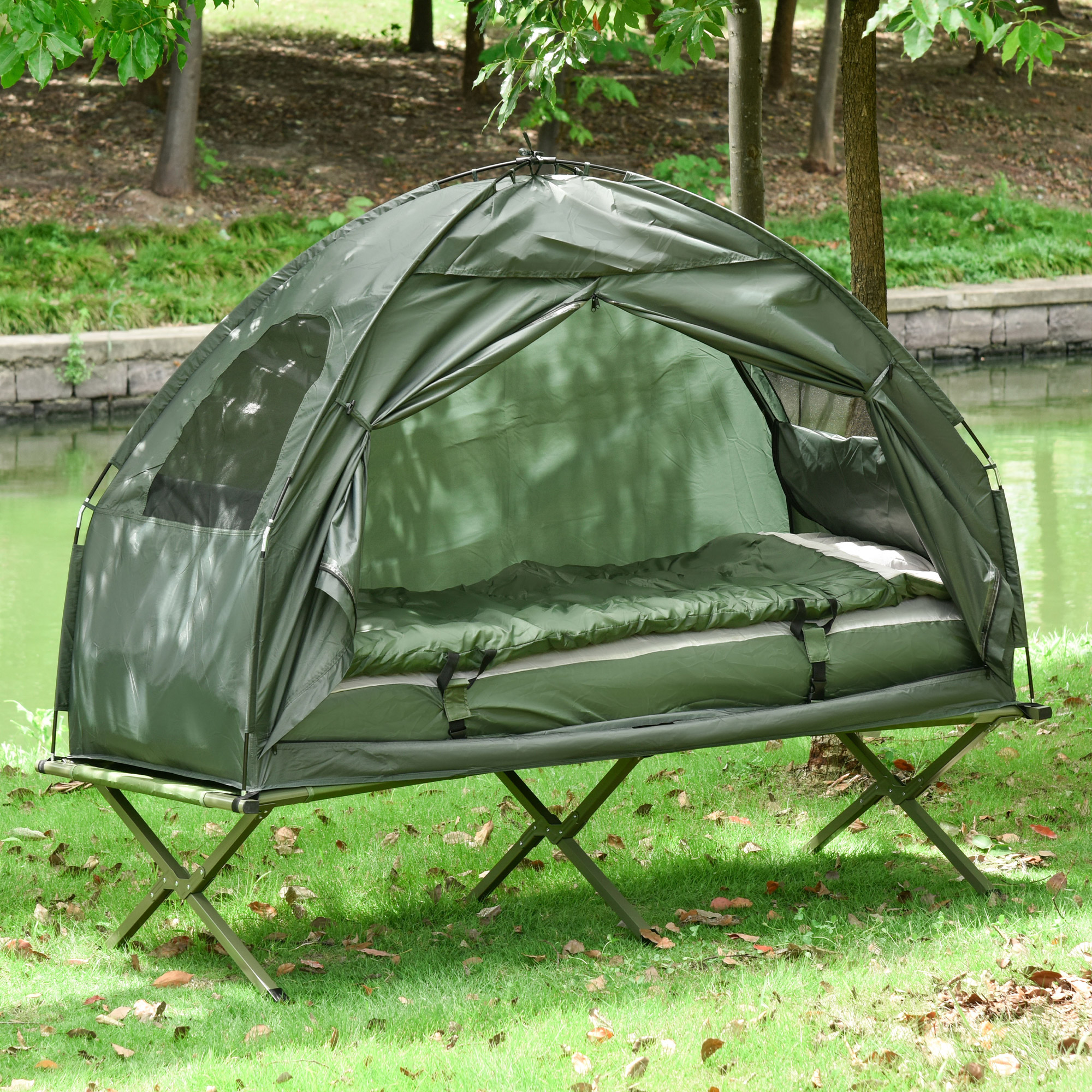 Outsunny All in One Folding Camping Cots for Adults Elevated Tent with Sleeping Bag Thick Air Mattress Pad Portable Single Sleeping Cot Camping Bed Aosom