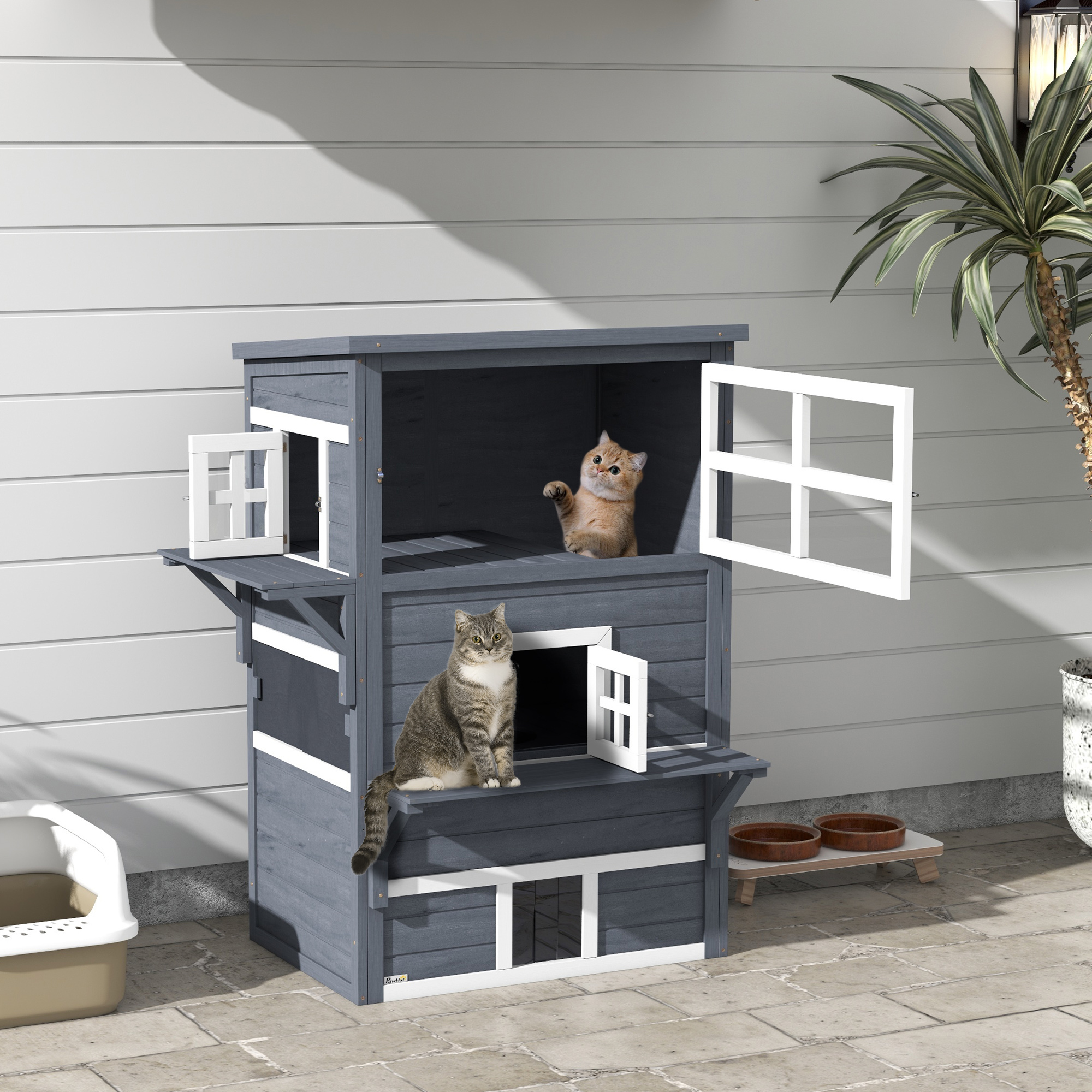 PawHut Outdoor Cat House 3-Tier with 5 Escape Doors, Dark Gray and ...