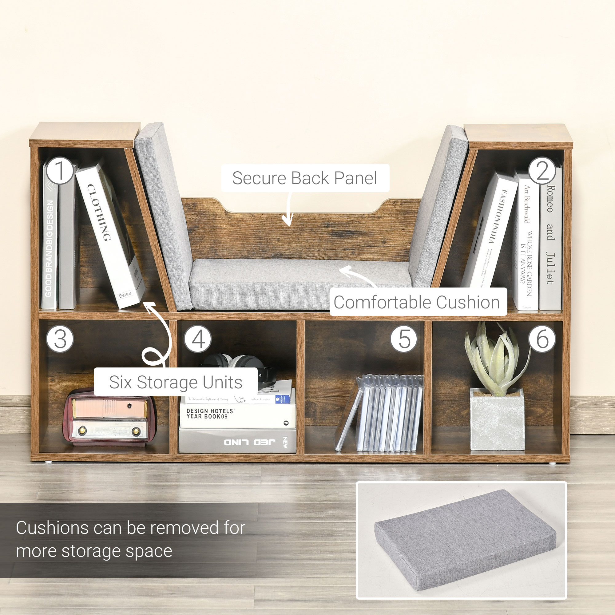 HOMCOM 6-Cubby Bookcase with Seat Cushion, Cube Storage Shelf with ...