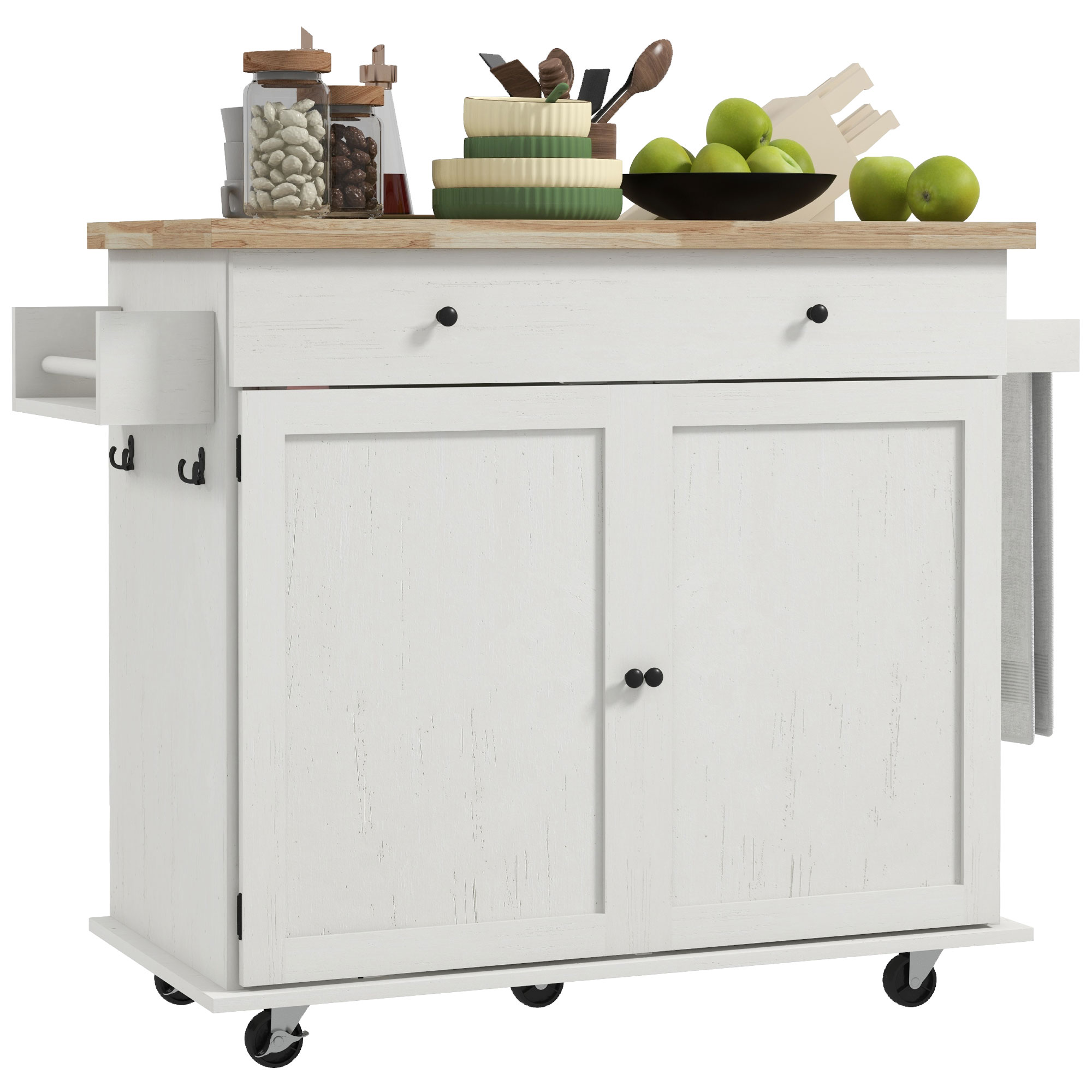 HOMCOM Farmhouse Rolling Island with Wheels for Kitchen, Wood Breakfast ...