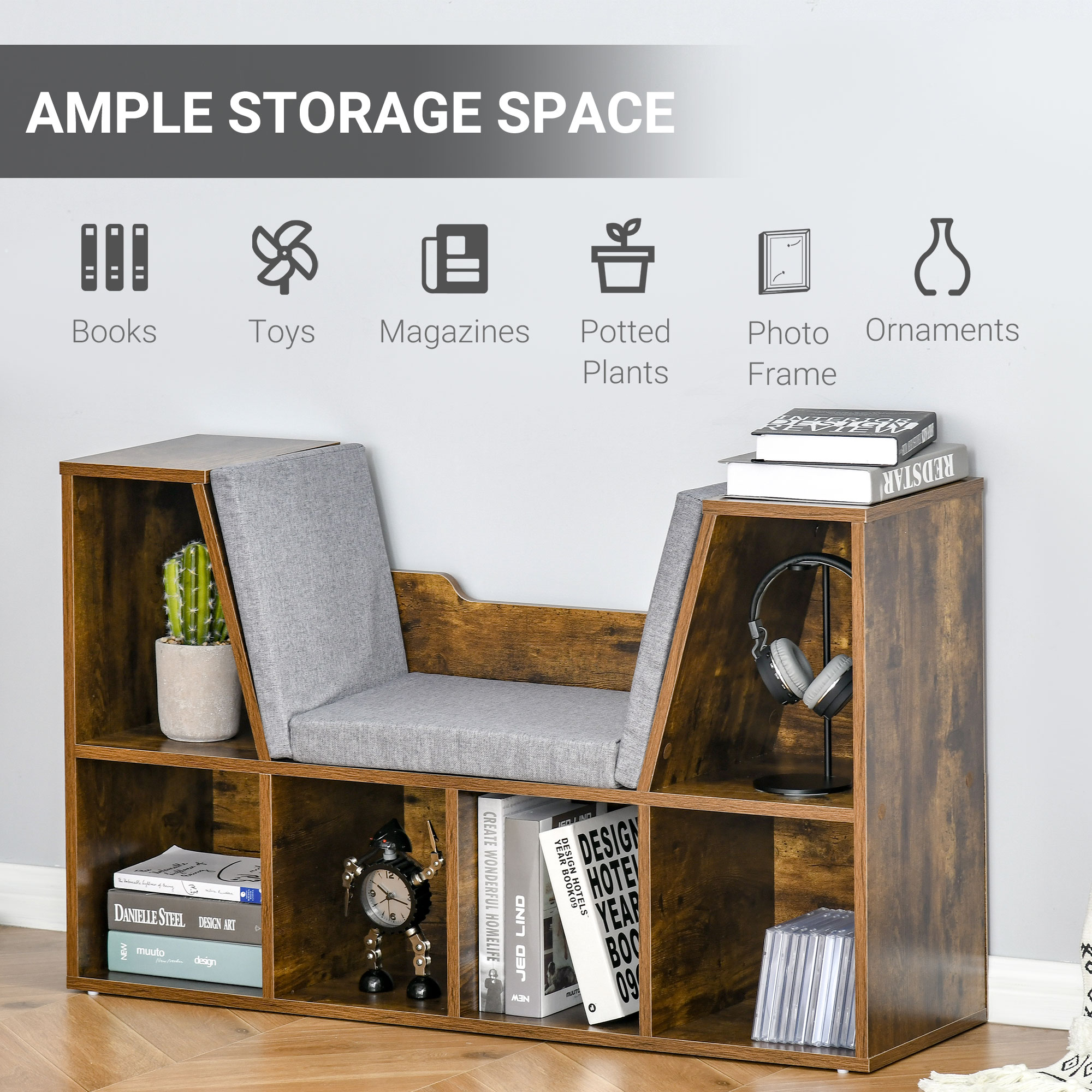HOMCOM 6-Cubby Bookcase with Seat Cushion, Cube Storage Shelf with ...