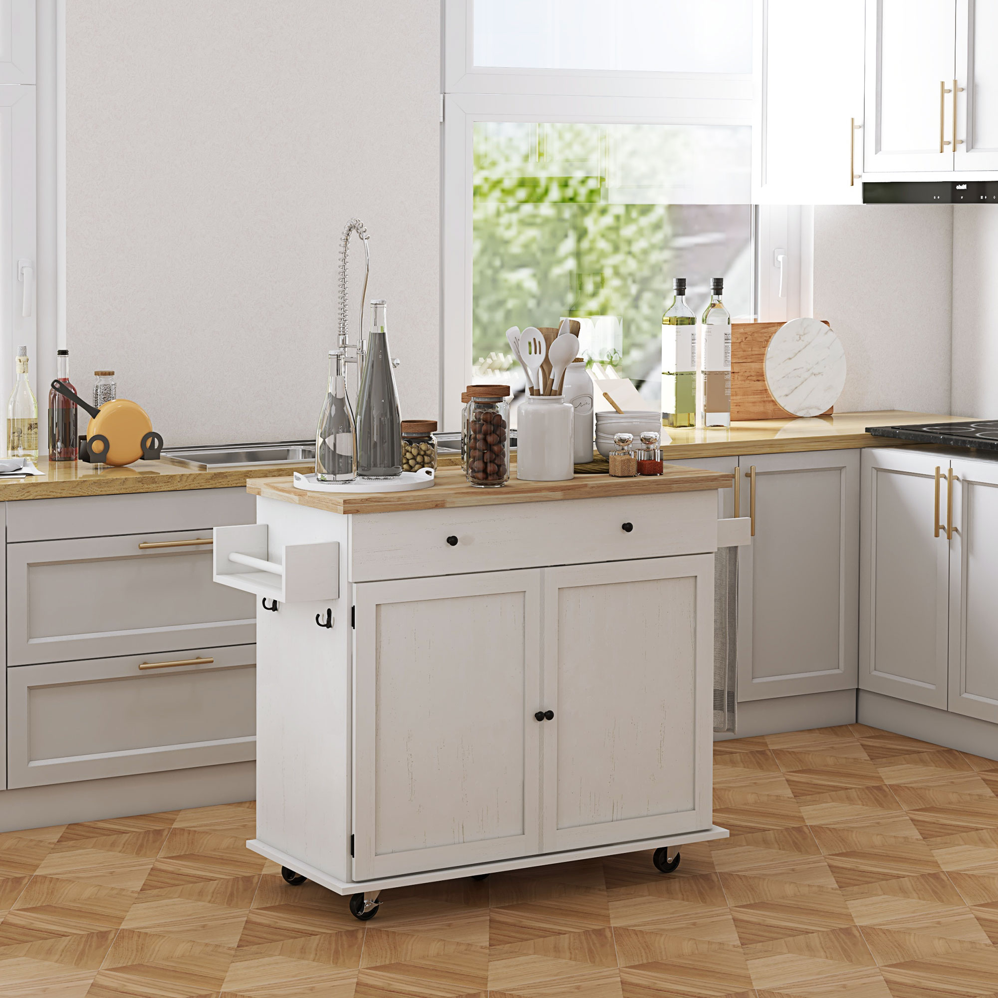 HOMCOM Farmhouse Rolling Island with Wheels for Kitchen, Wood Breakfast ...