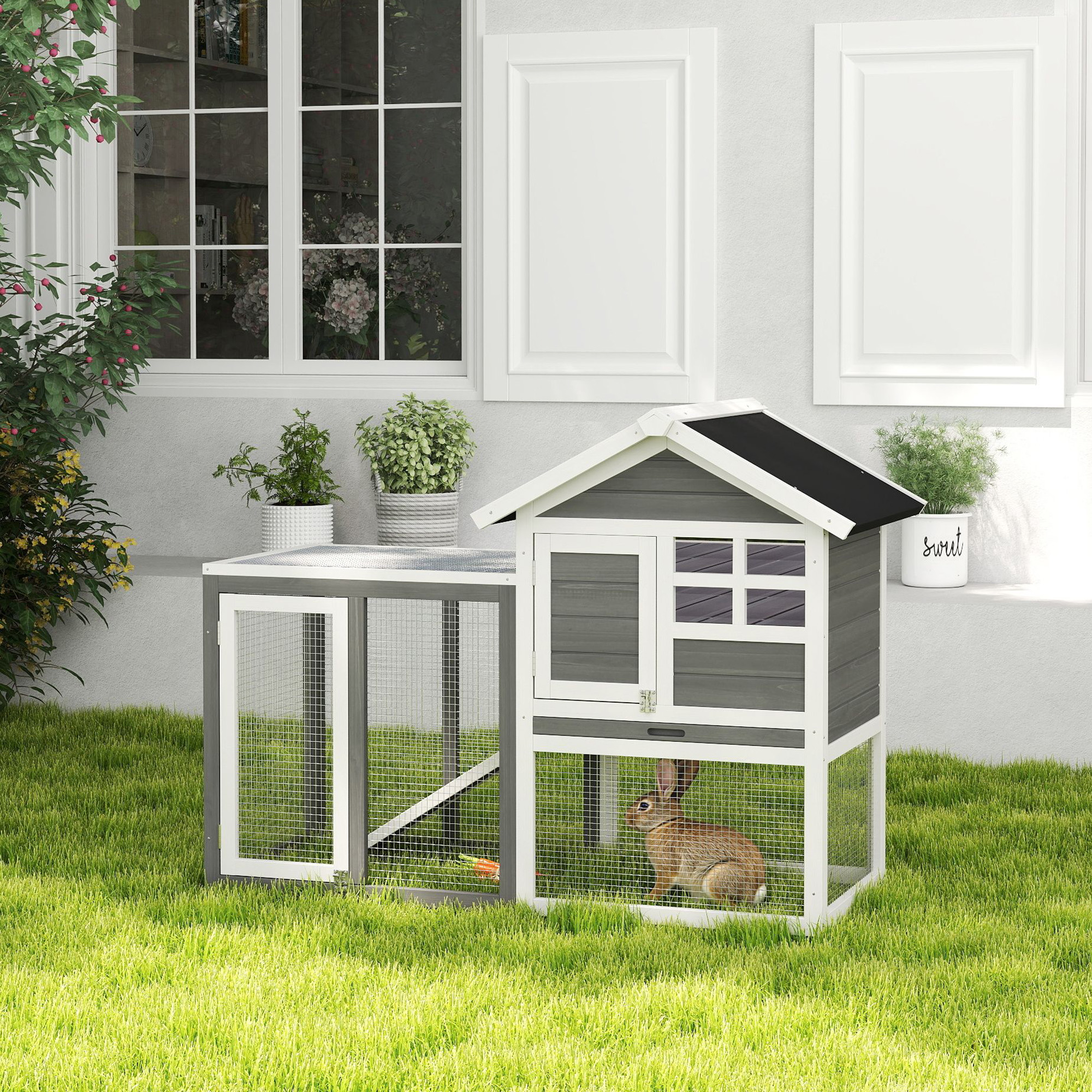 PawHut 48" Weatherproof Wooden Rabbit Hutch With Slant Roof And ...