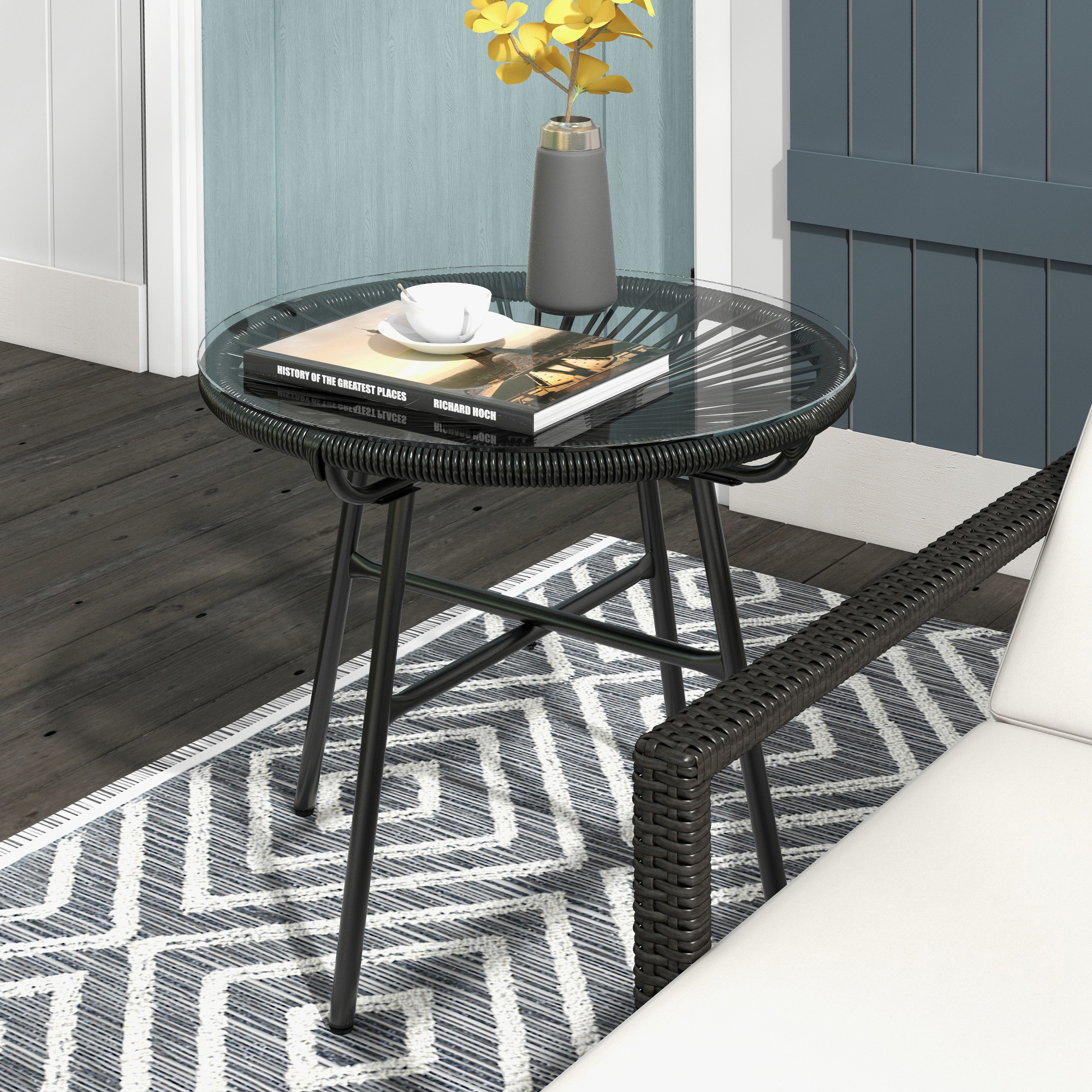 Outsunny Rattan Side Table, Round Outdoor Table, with Round PE Rattan ...