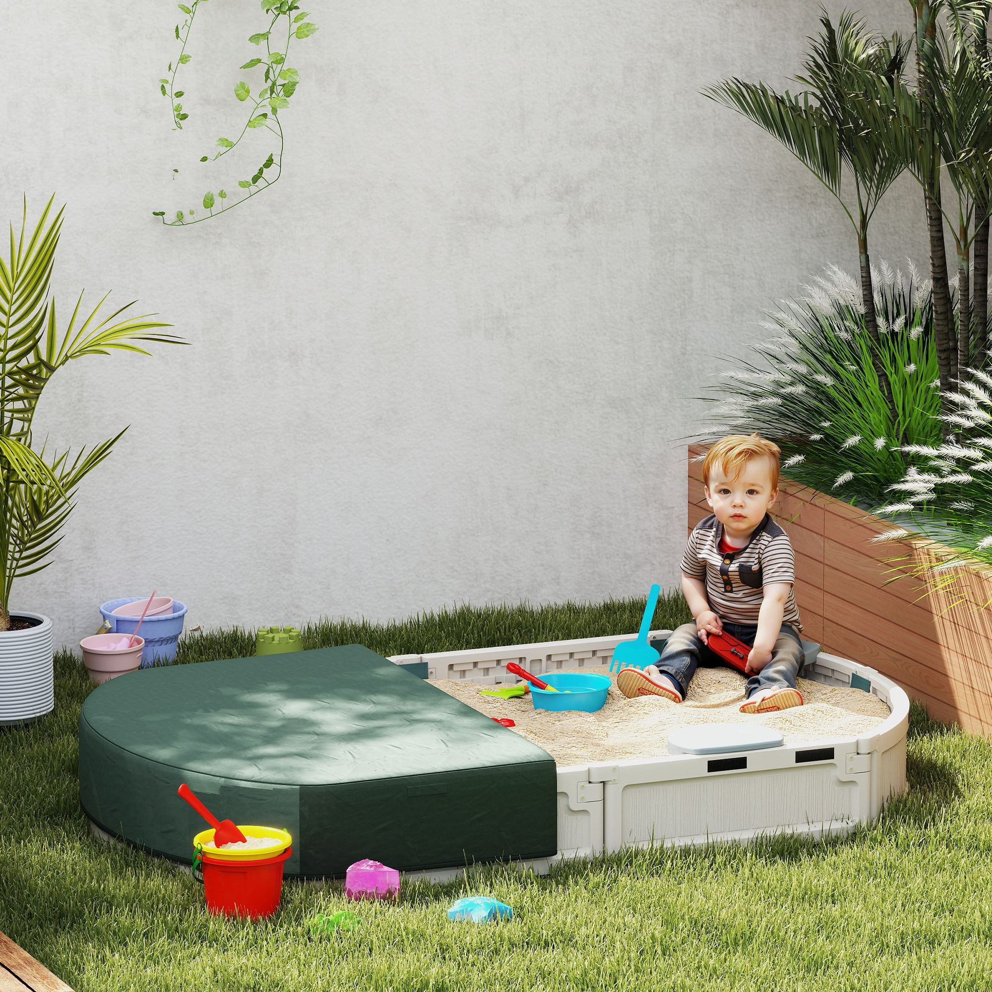 Outsunny Kids Sandbox with Cover, Seat, Sandbox Outdoor for Backyard ...