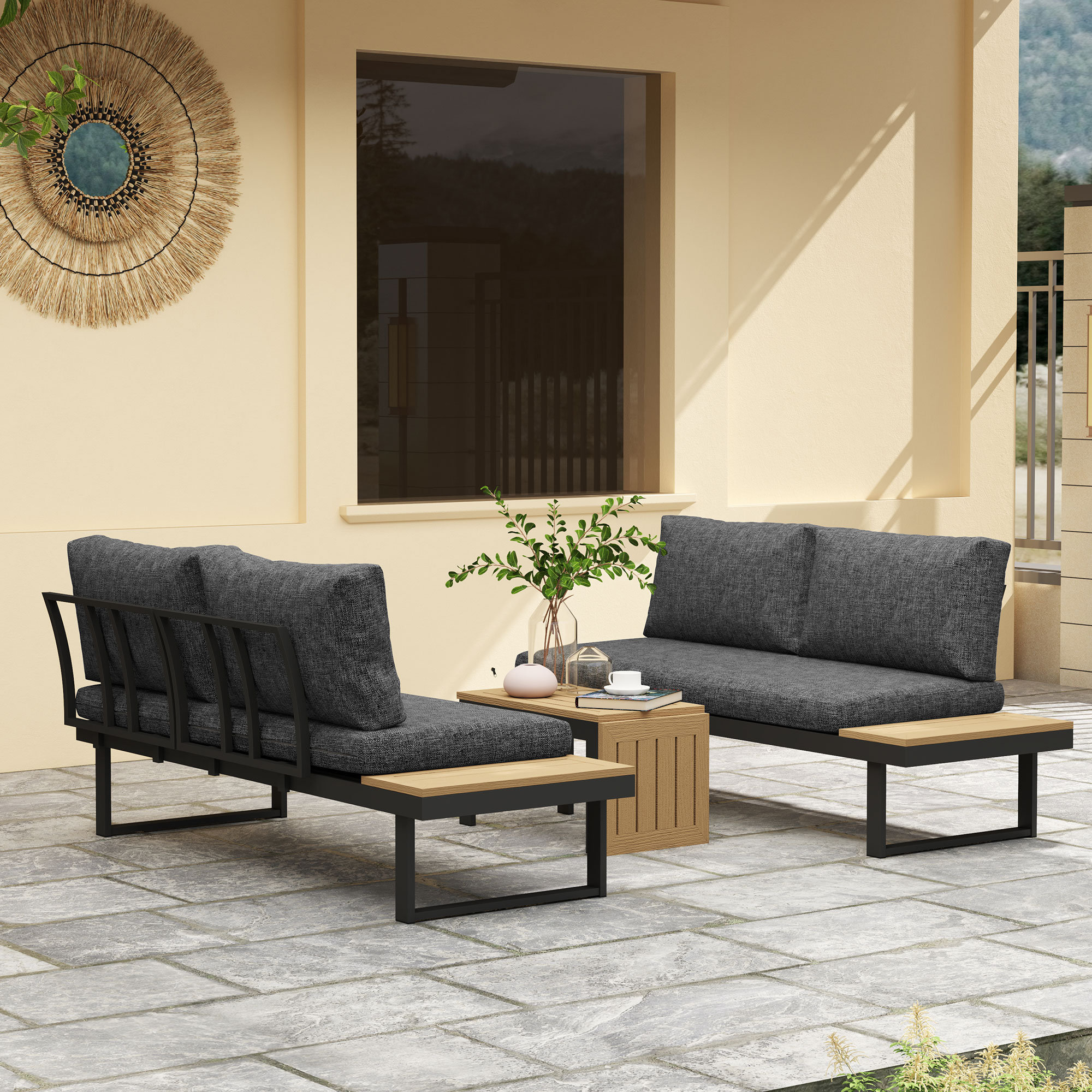 Outsunny 3 Pieces Aluminum Corner Patio Furniture Set Sectional Outdoor ...