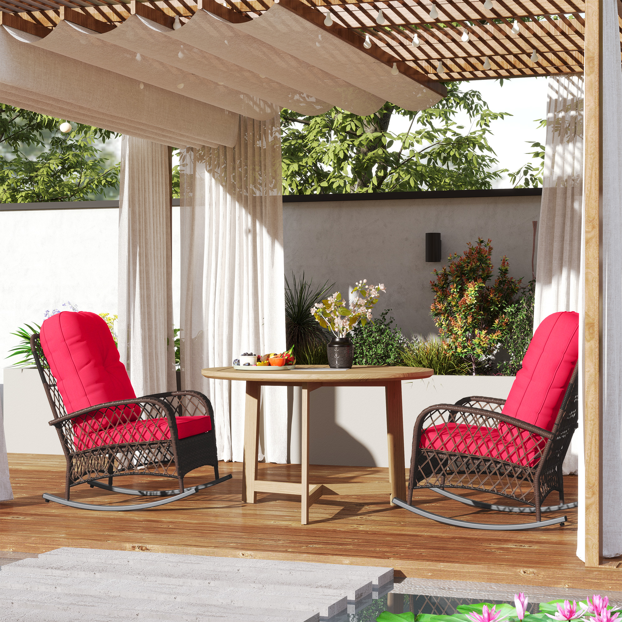 Outsunny Outdoor Wicker Rattan Rocking Chair Set of 2, Patio Rocker ...
