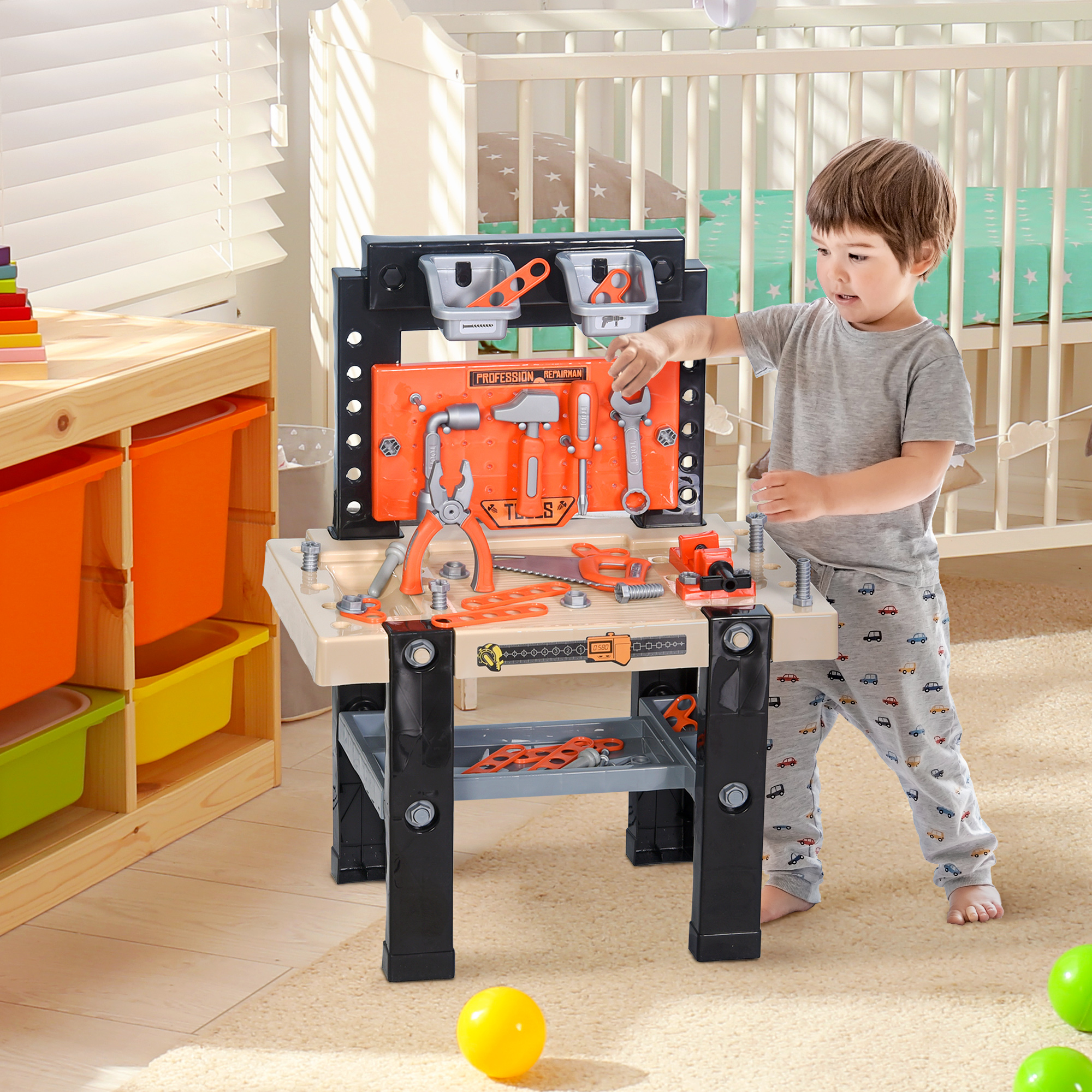 Qaba 64-Piece Kids Play Workbench and Construction Tool Set Pretend ...