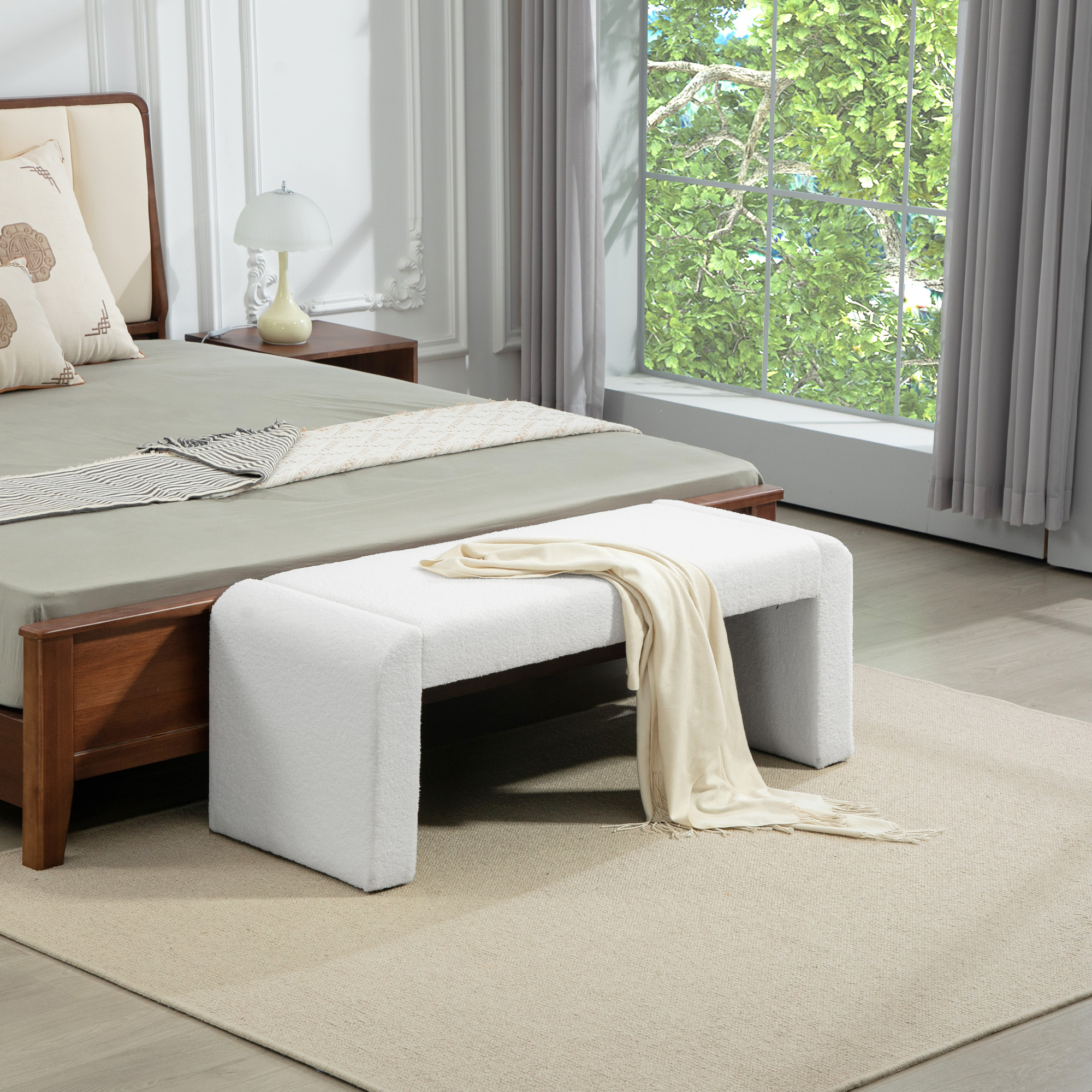 HOMCOM Upholstered Bedroom Bench, Boucle End of Bed Bench, Modern U ...