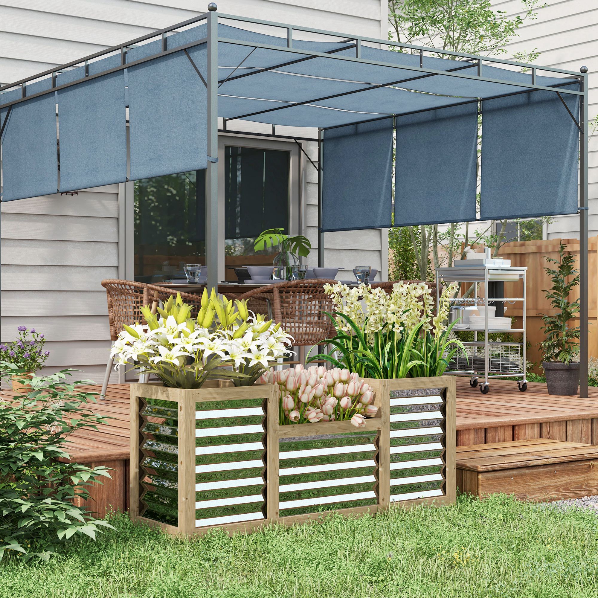 Outsunny Metal and Wood Combined Planter Box, Raised Garden Beds, for ...